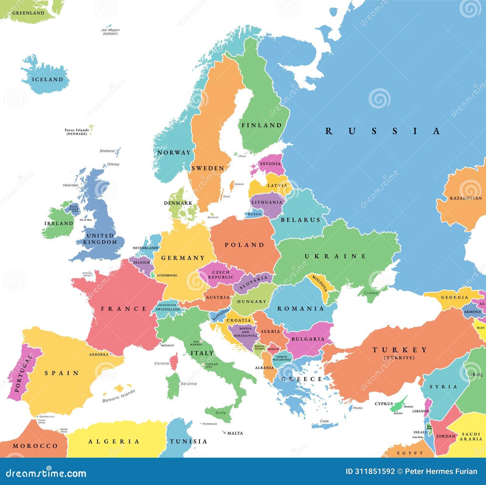 Europe with a Part of the Middle East Countries, Political Map Stock ...