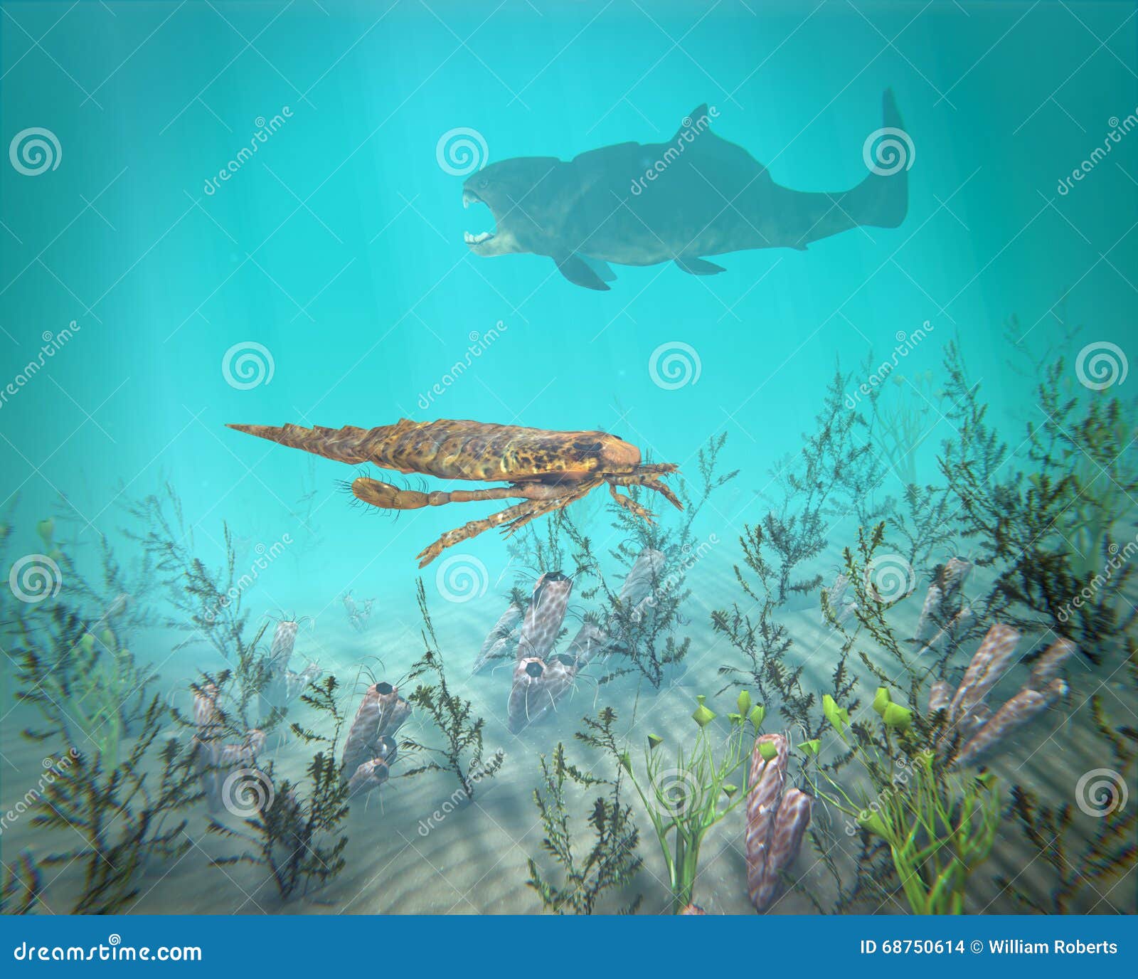 Eurypterus and Dunkleosteus in the Devonian Sea Stock Illustration ...