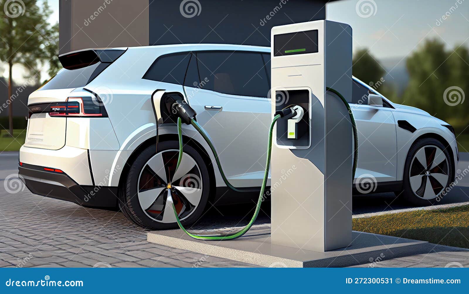 Ev Auto Of Elektrisch Voertuig Aan Het Laadstation Met De Stekker Van