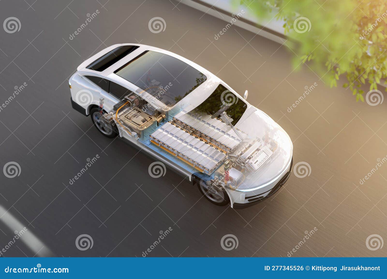 Ev Car or Electric Vehicle with Pack of Battery Cells on Road Stock ...