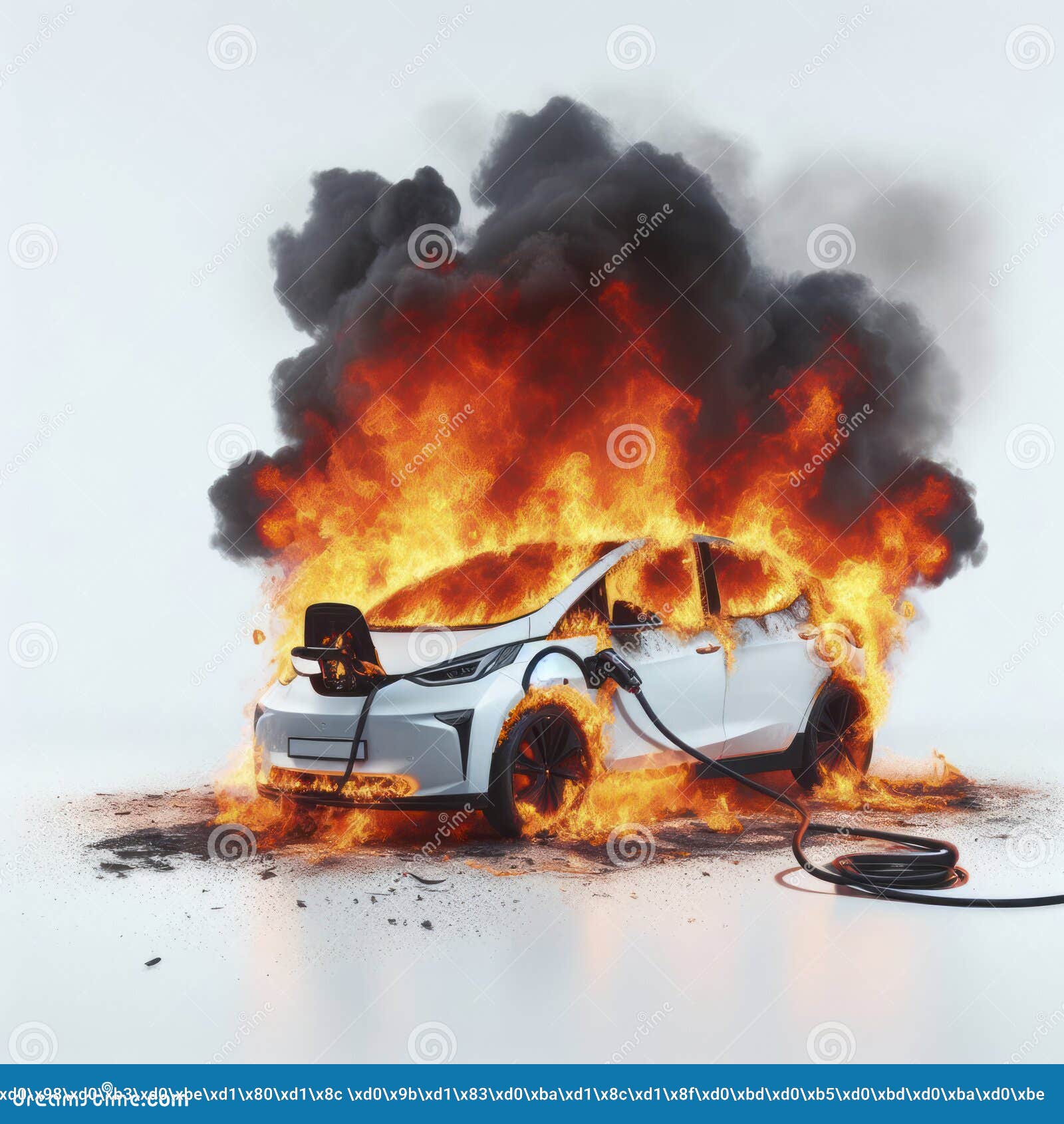 EV Car Fire while Charging. Fire Hazard from Car on Solid White ...
