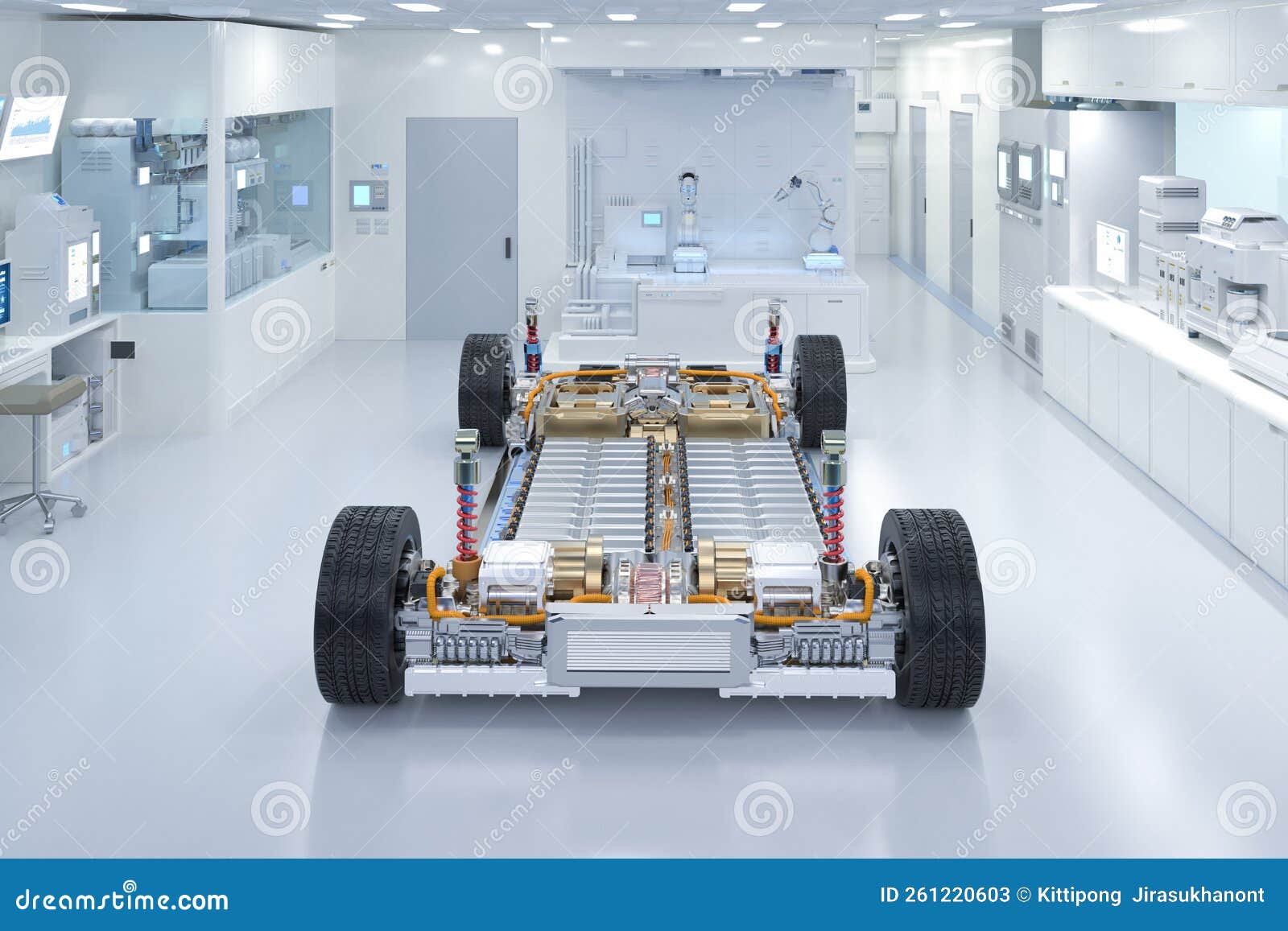 Ev Car with Pack of Battery Cells Module on Platform in Laboratory ...