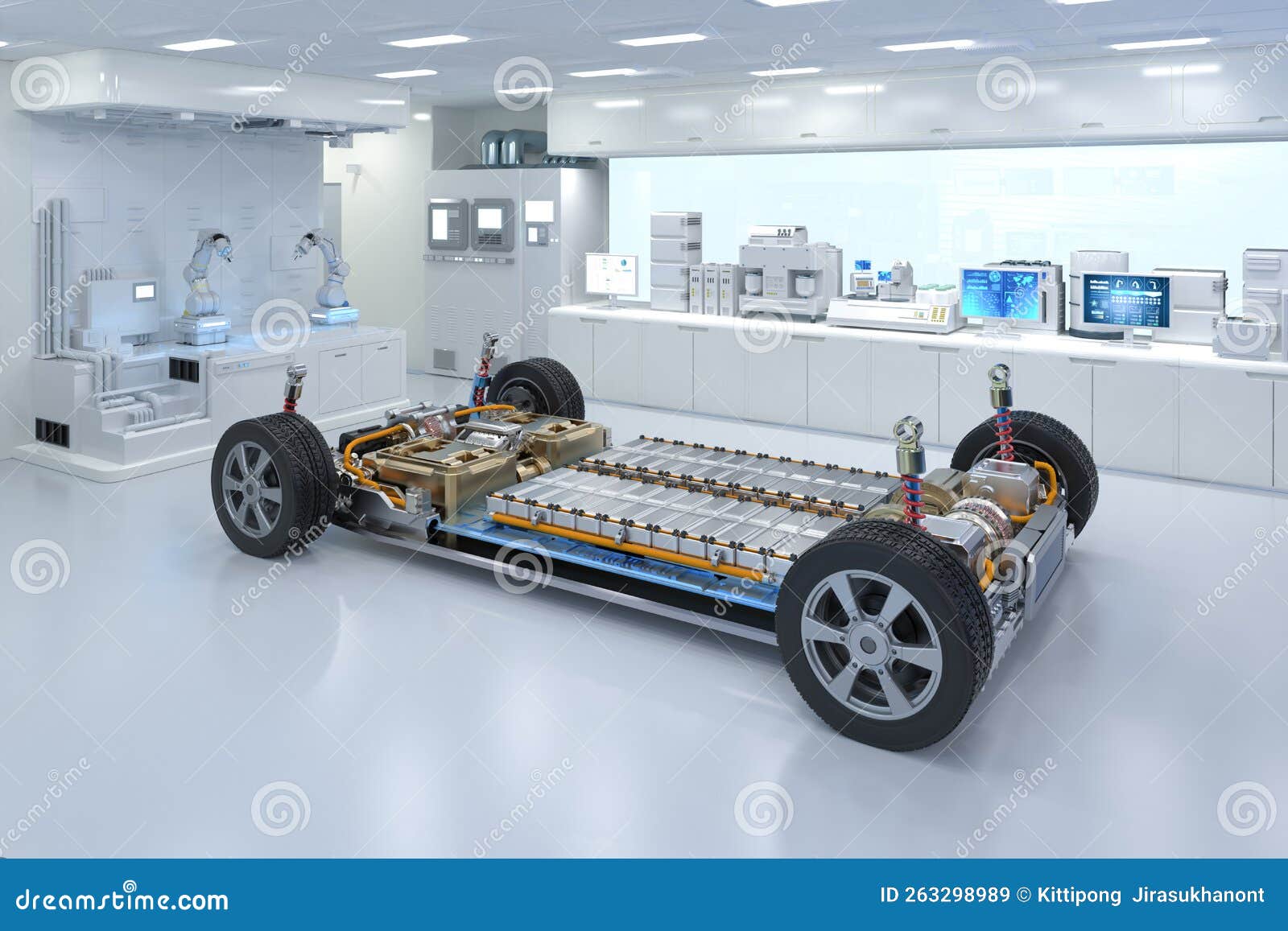 Ev Car with Pack of Battery Cells Module on Platform in Laboratory ...