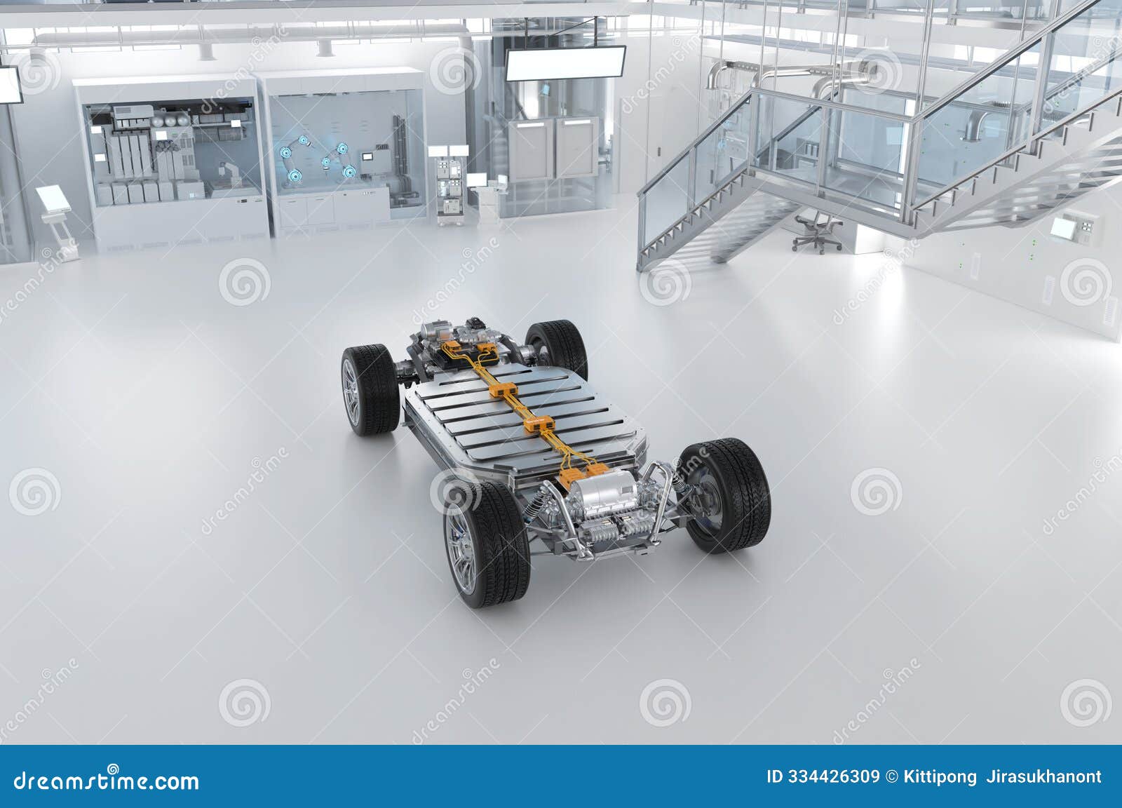 Ev Car with Pack of Battery Cells Module on Platform in Laboratory ...