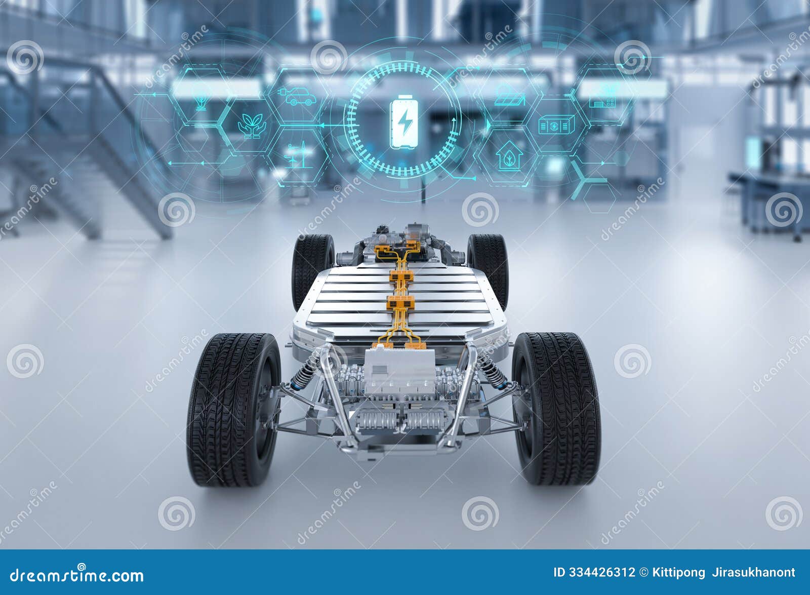 Ev Car with Pack of Battery Cells Module on Platform in Laboratory ...