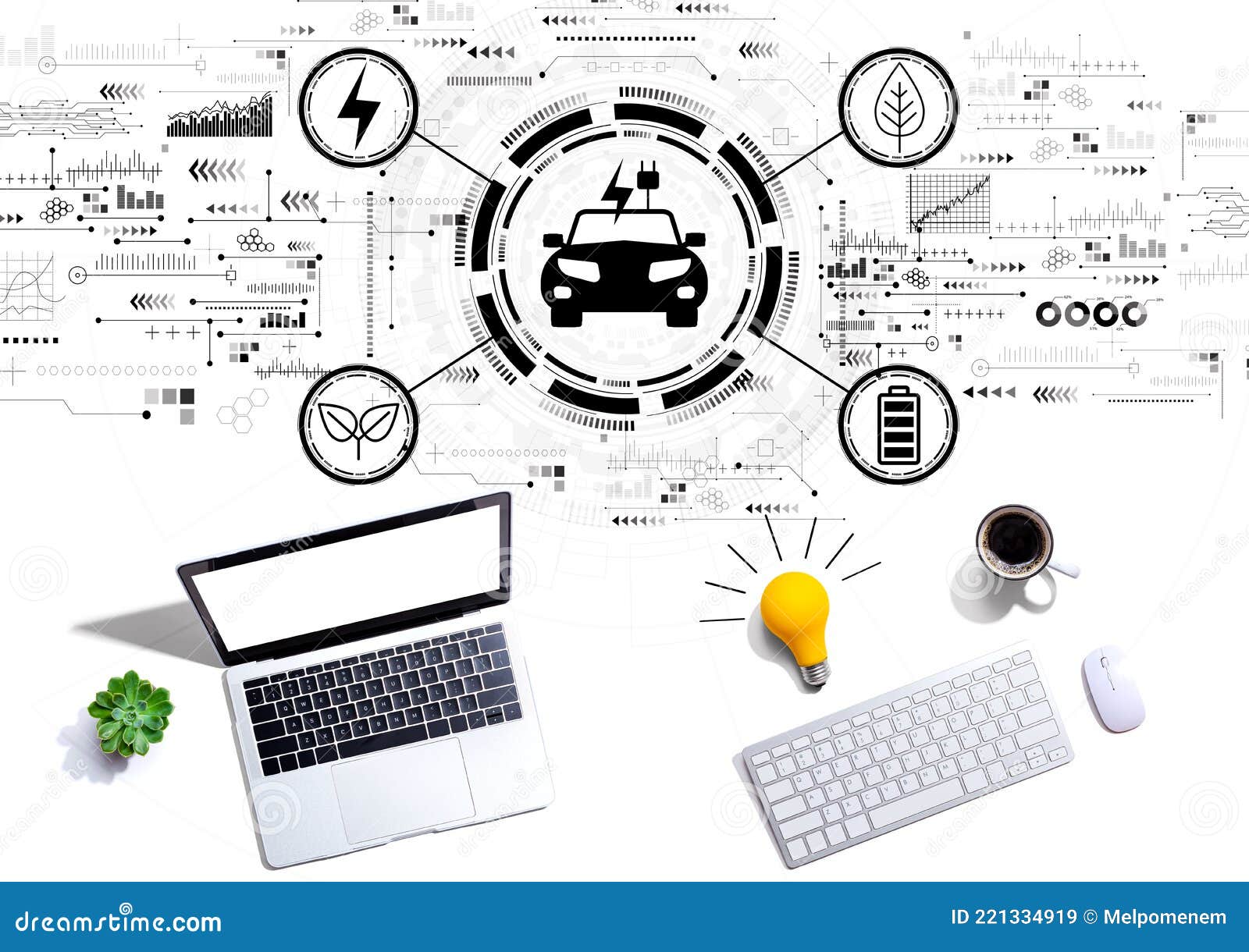 EV Concept with Computers with a Light Bulb Stock Illustration ...