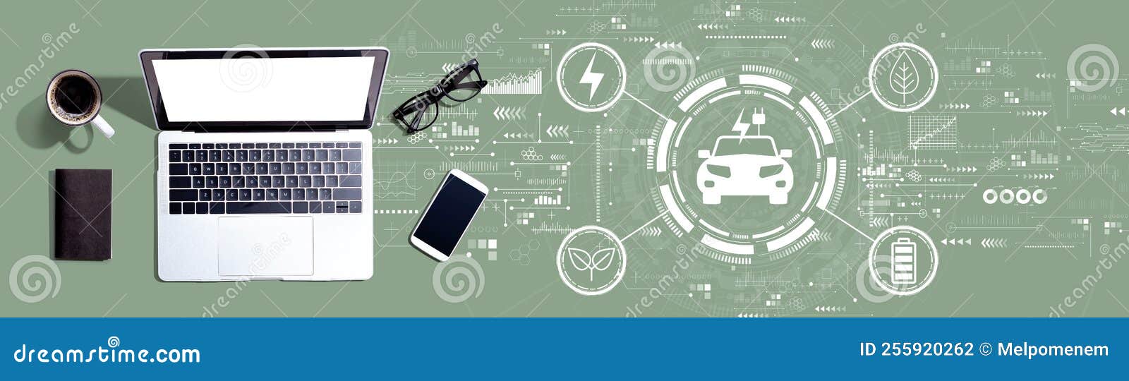 EV Concept with a Laptop Computer Stock Photo - Image of desk, green ...