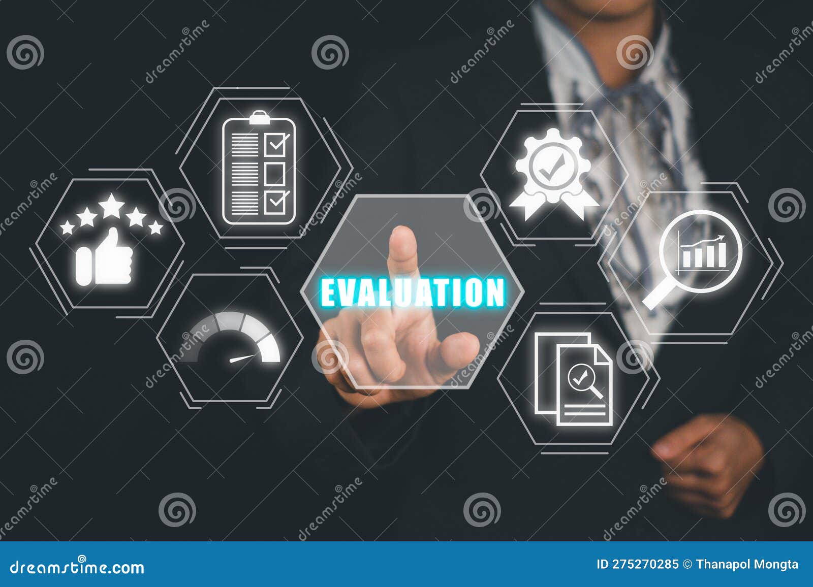 Business Person Hand Touching Evaluation Icon on Virtual Screen Stock ...