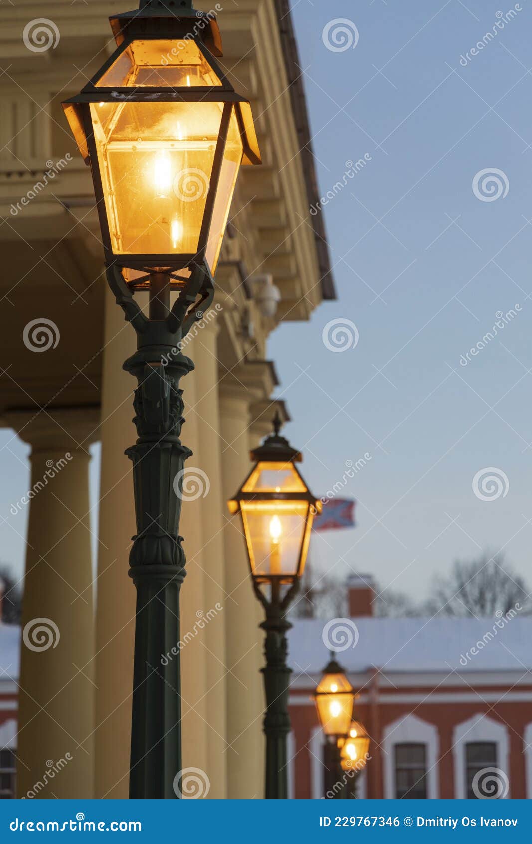 Evening Burning Lanterns Stylized As Gas Lamps Stock Photo - Image of ...