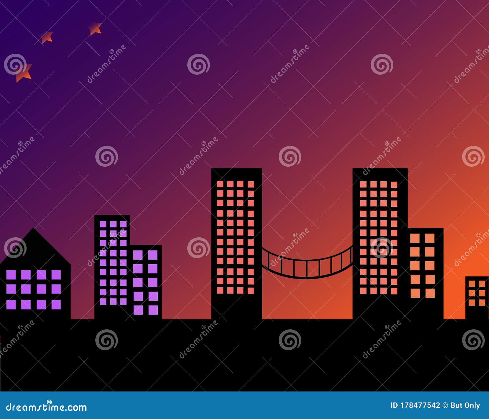 Evening City. the Sky with a Gradient. Houses in Flat Colors. Big City ...