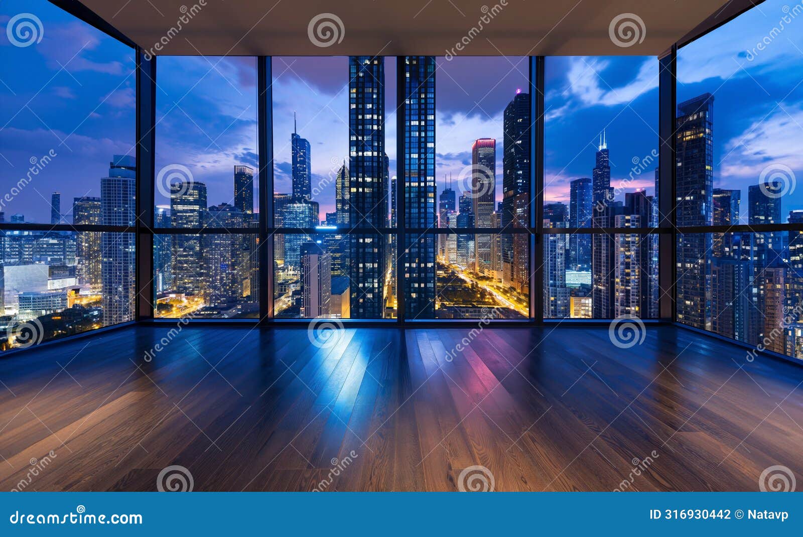 Evening City View in Empty Room with Panorama Window Stock Illustration ...