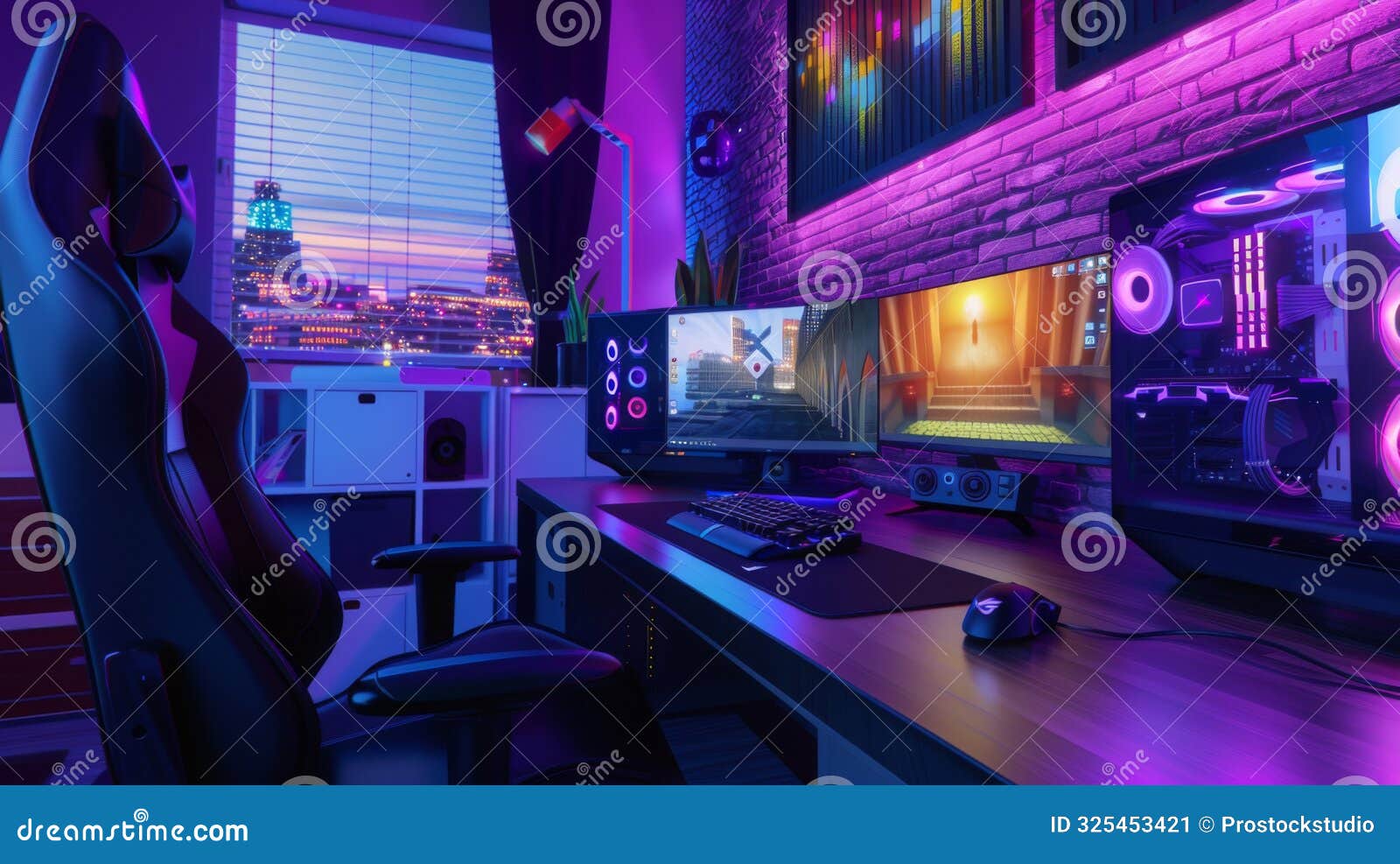 Evening Cityscape View from Gaming Setup Stock Illustration ...