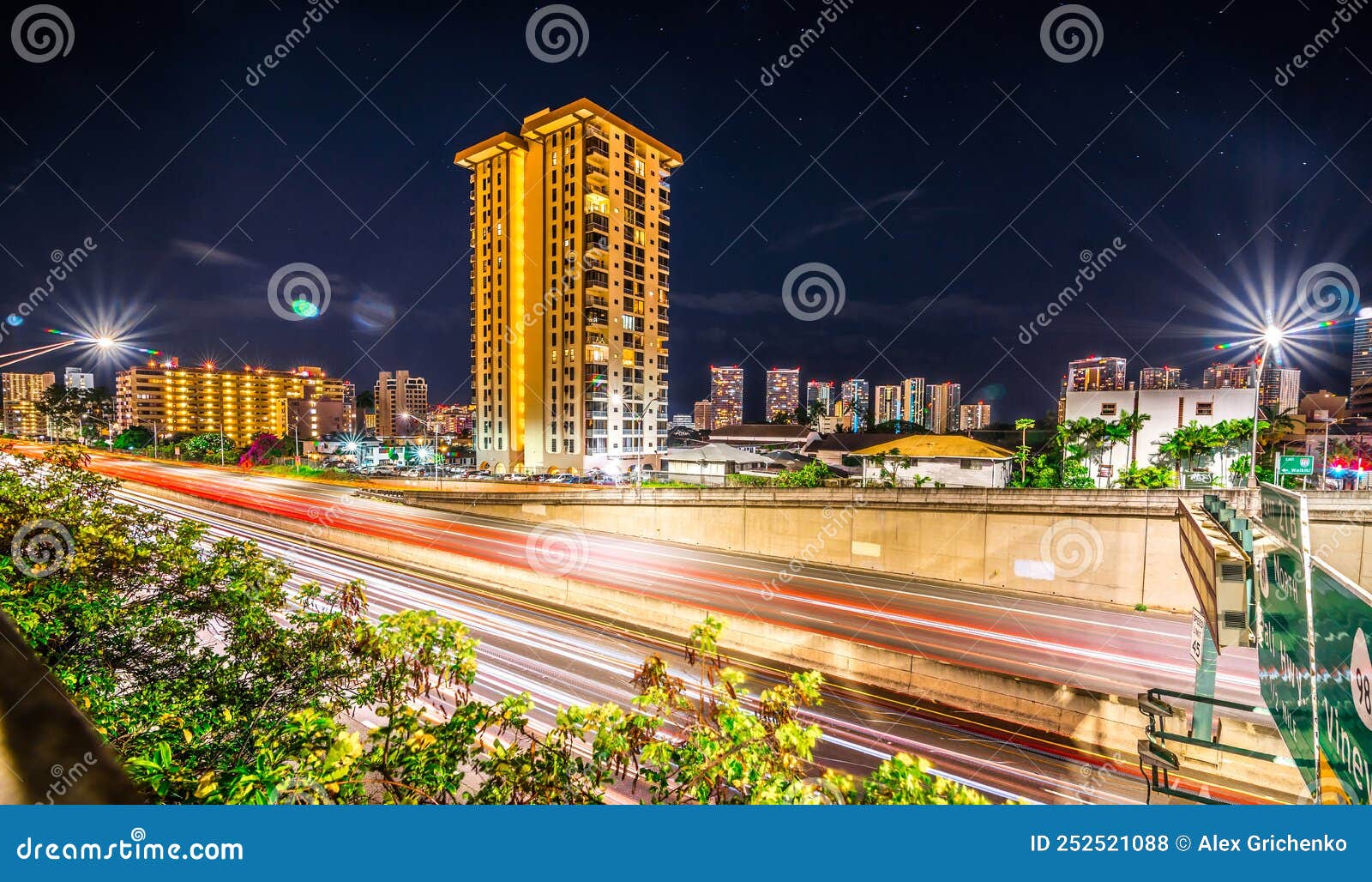 Evening Commute on H1 Freeway at Night in Honolulu Hawaii Stock Photo ...