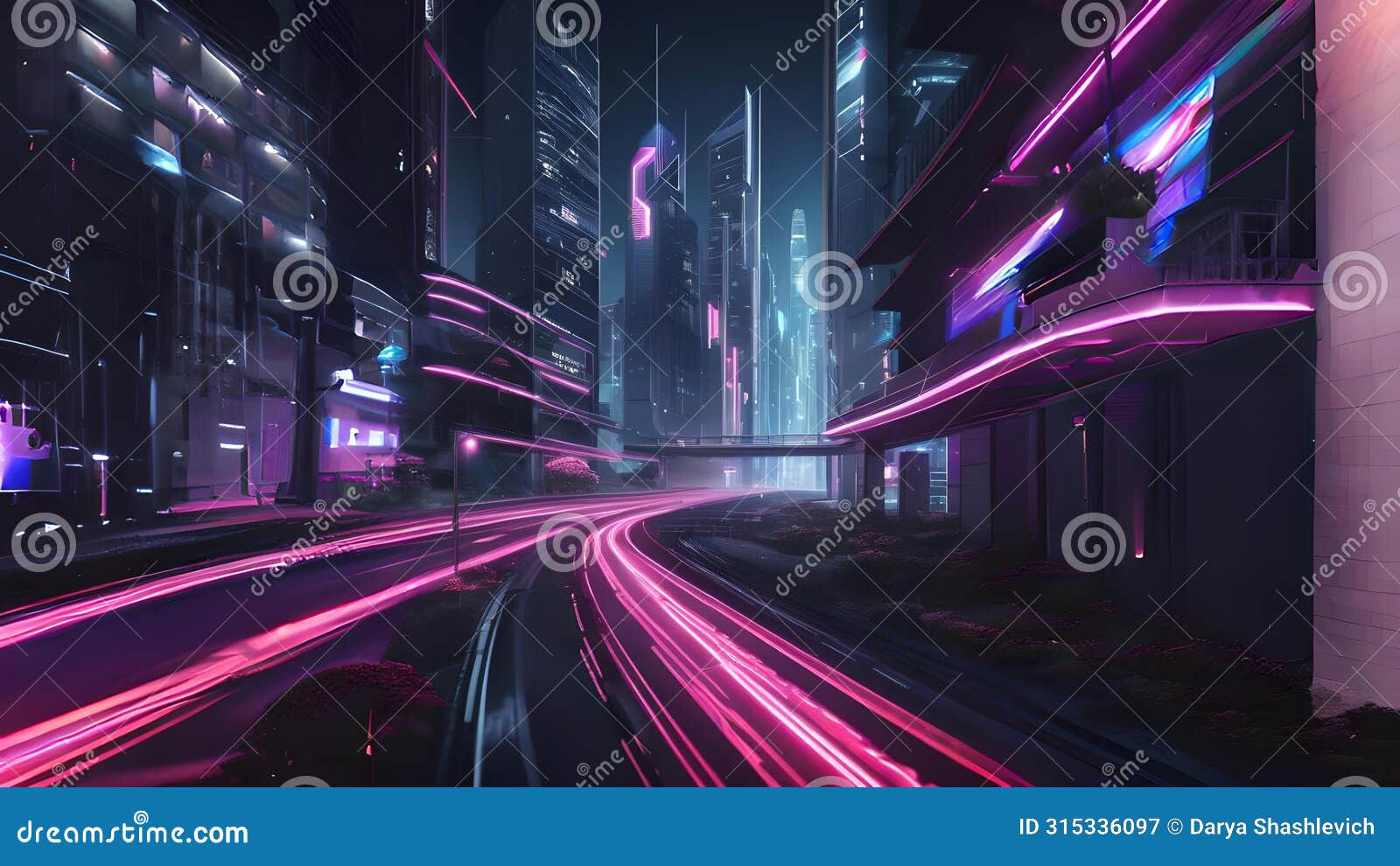Evening Cyber City with Neon Light Stock Illustration - Illustration of ...