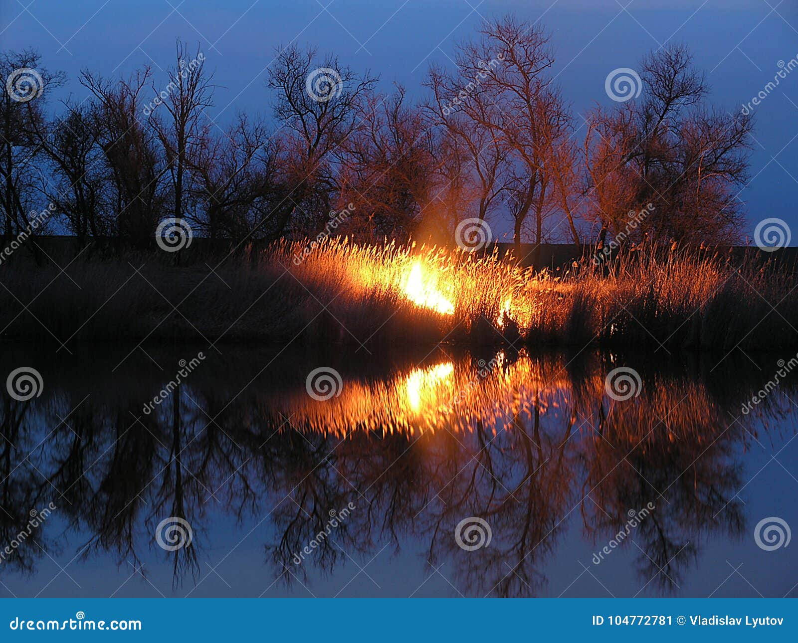 Evening Fire Near the River. Stock Image - Image of beach, flare: 104772781