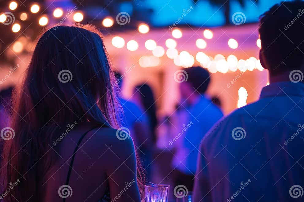 Evening Gathering with Ambient String Lights and Socializing Crowd ...