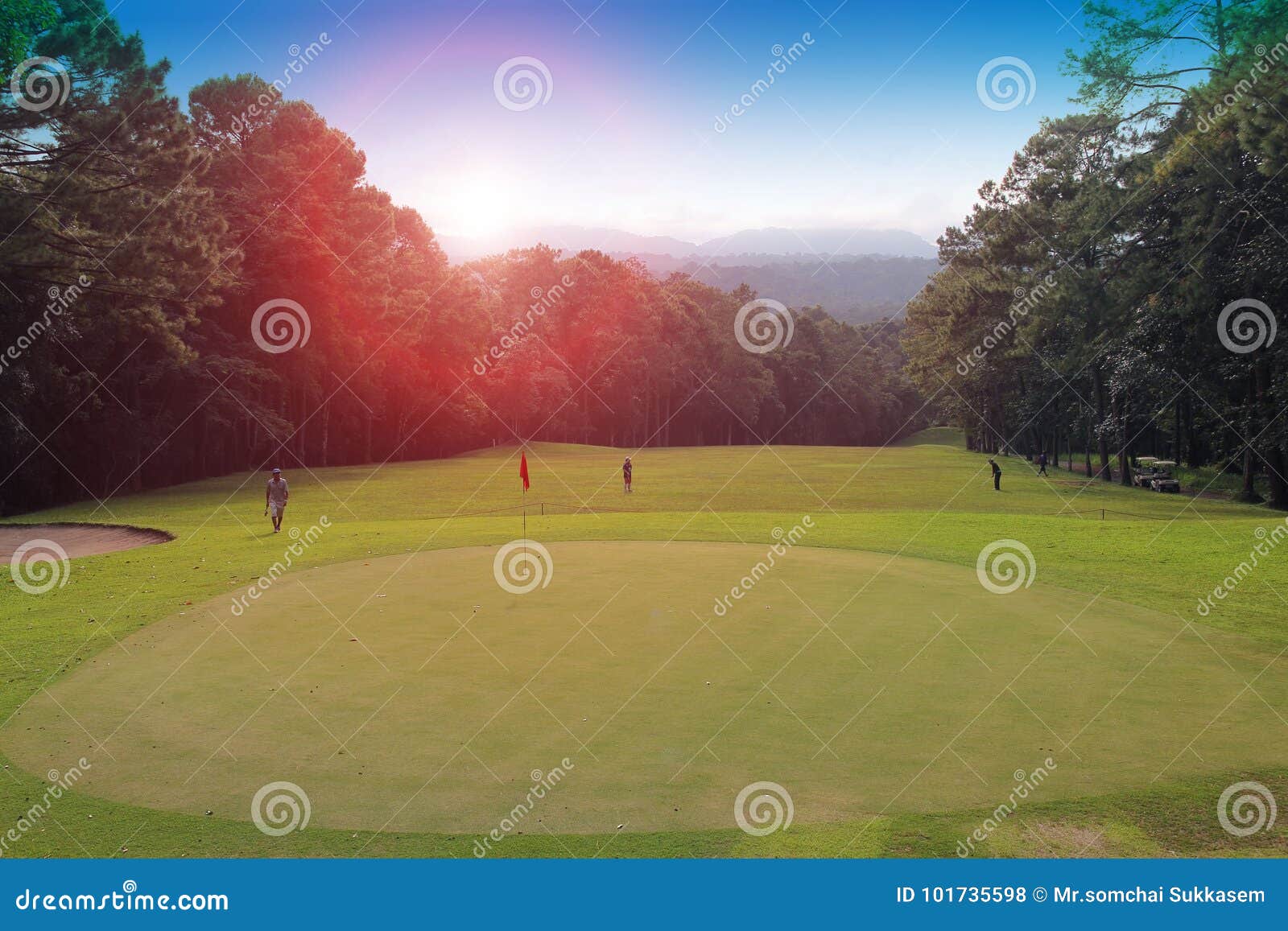The Evening Golf Course Has Sunlight Shining Down Stock Photo - Image ...