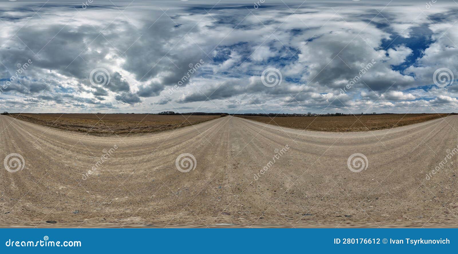 Evening 360 Hdri Panorama on Gravel Road with Clouds on Overcast Sky ...
