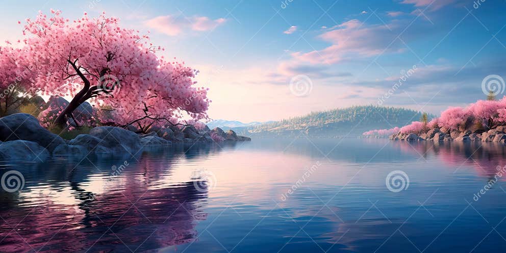 An Evening Lake Where the Spring Sky is Reflected, and Cherry Trees in ...