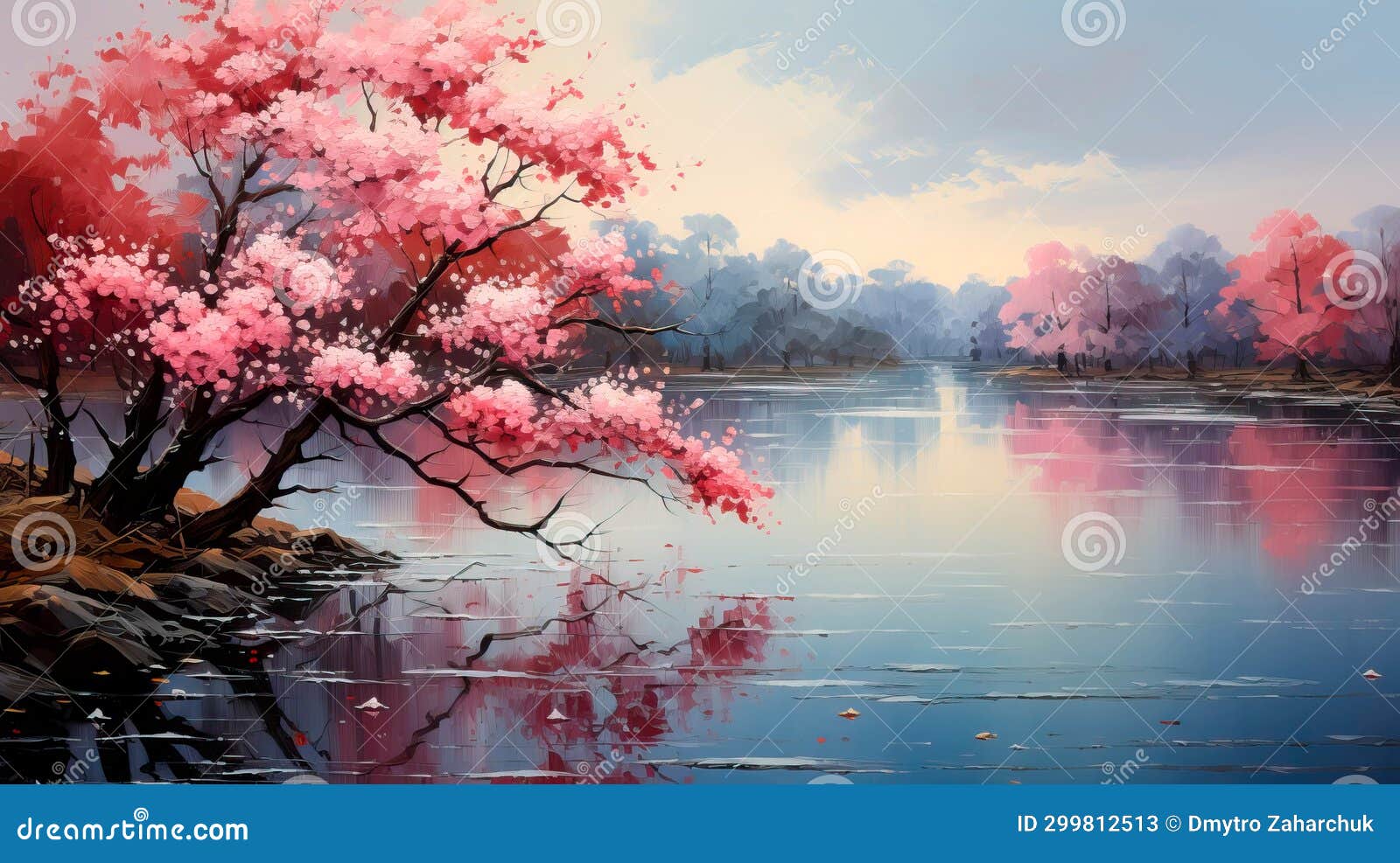 An Evening Lake Where the Spring Sky is Reflected, and Cherry Trees in ...