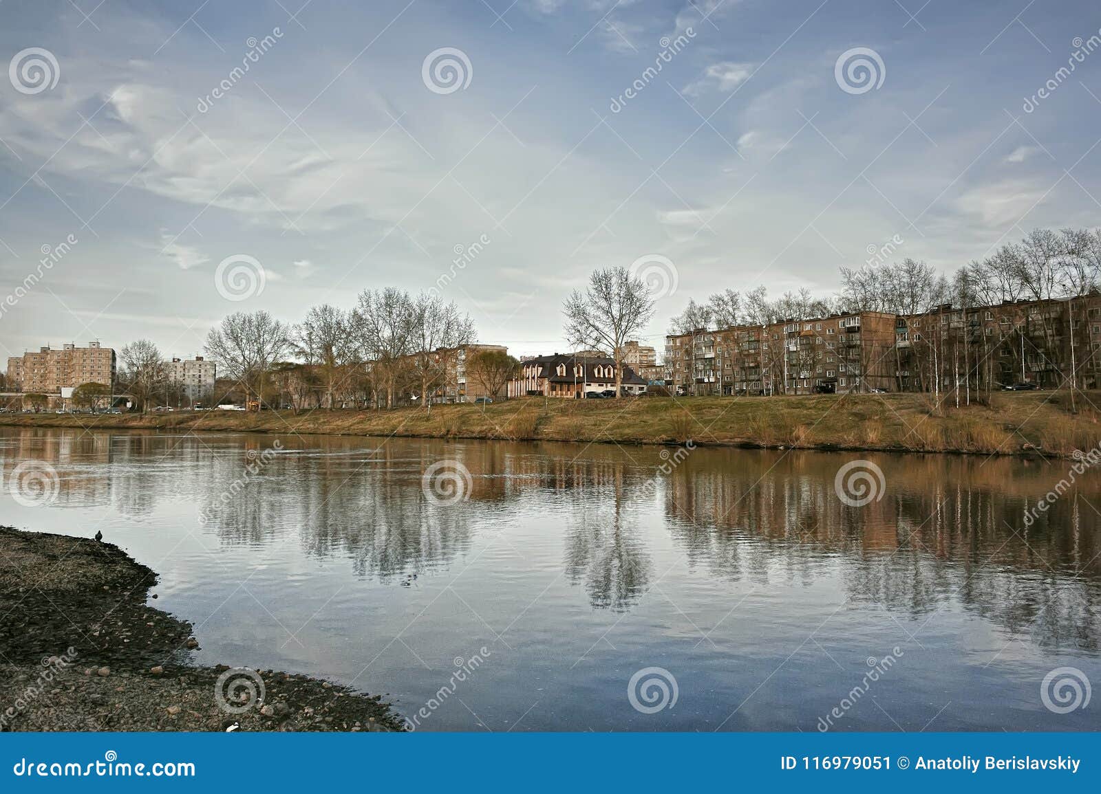 Evening Landscape River Bank in the Park. Stock Image - Image of blue ...