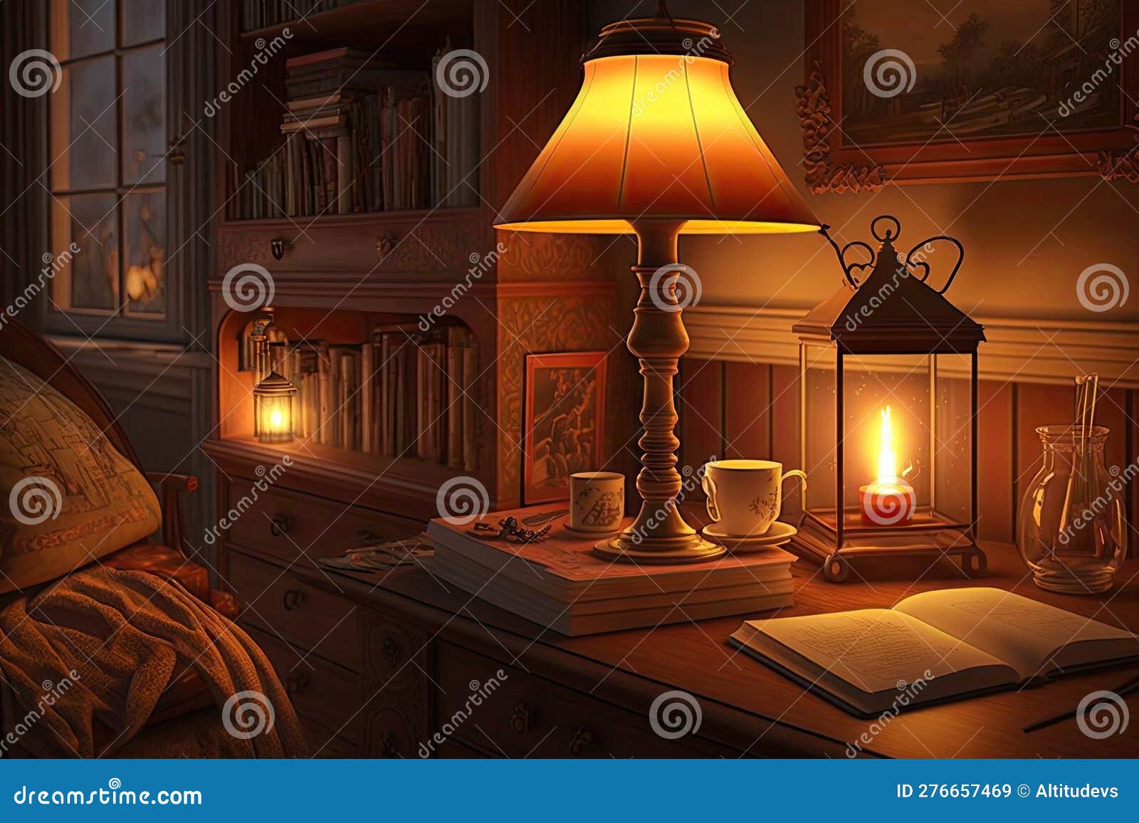 Evening, with the Library S Reading Lamps Casting a Warm Glow Stock ...