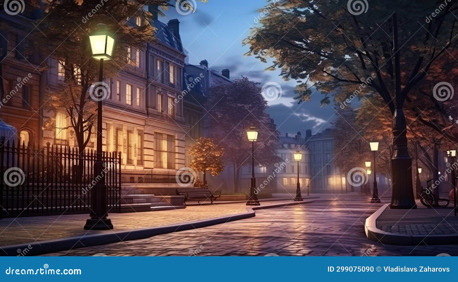Evening Light Magic City Street Lit by Lanterns Stock Illustration ...