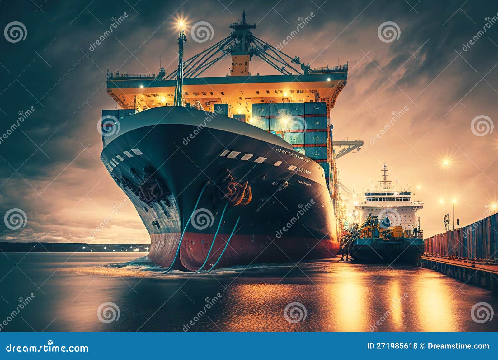 Evening Loading of Cargo Ship at Berth in Cargo Port Stock Illustration ...