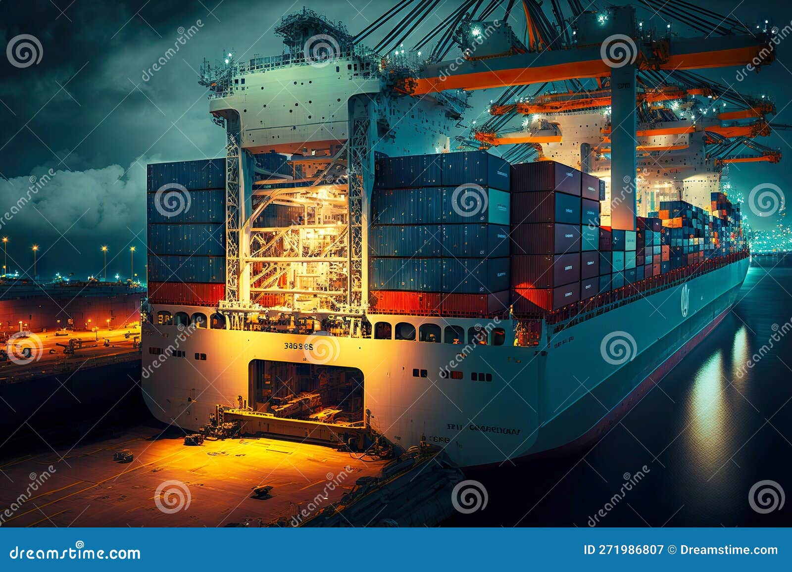 Evening Loading of Containers and Other Cargo on Deck of Cargo Ship ...