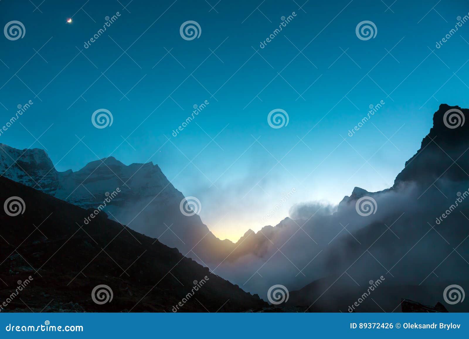 Evening Mountain View with Sunset and Moonrise Stock Photo - Image of ...