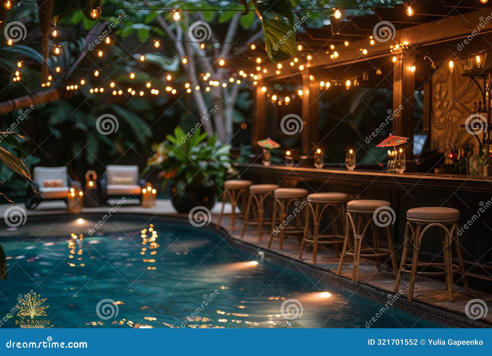 Evening Poolside Bar with String Lights and Palm Trees Stock Photo ...