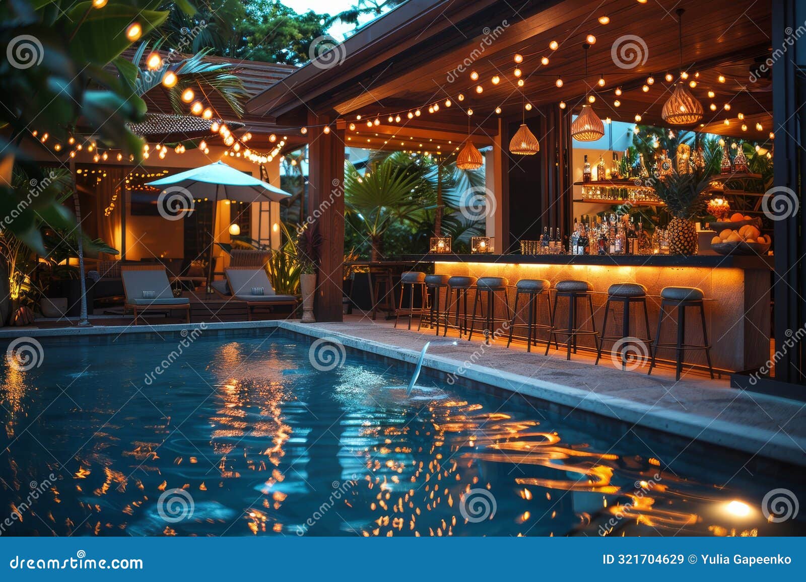 Evening Poolside Bar with String Lights and Palm Trees Stock Image ...