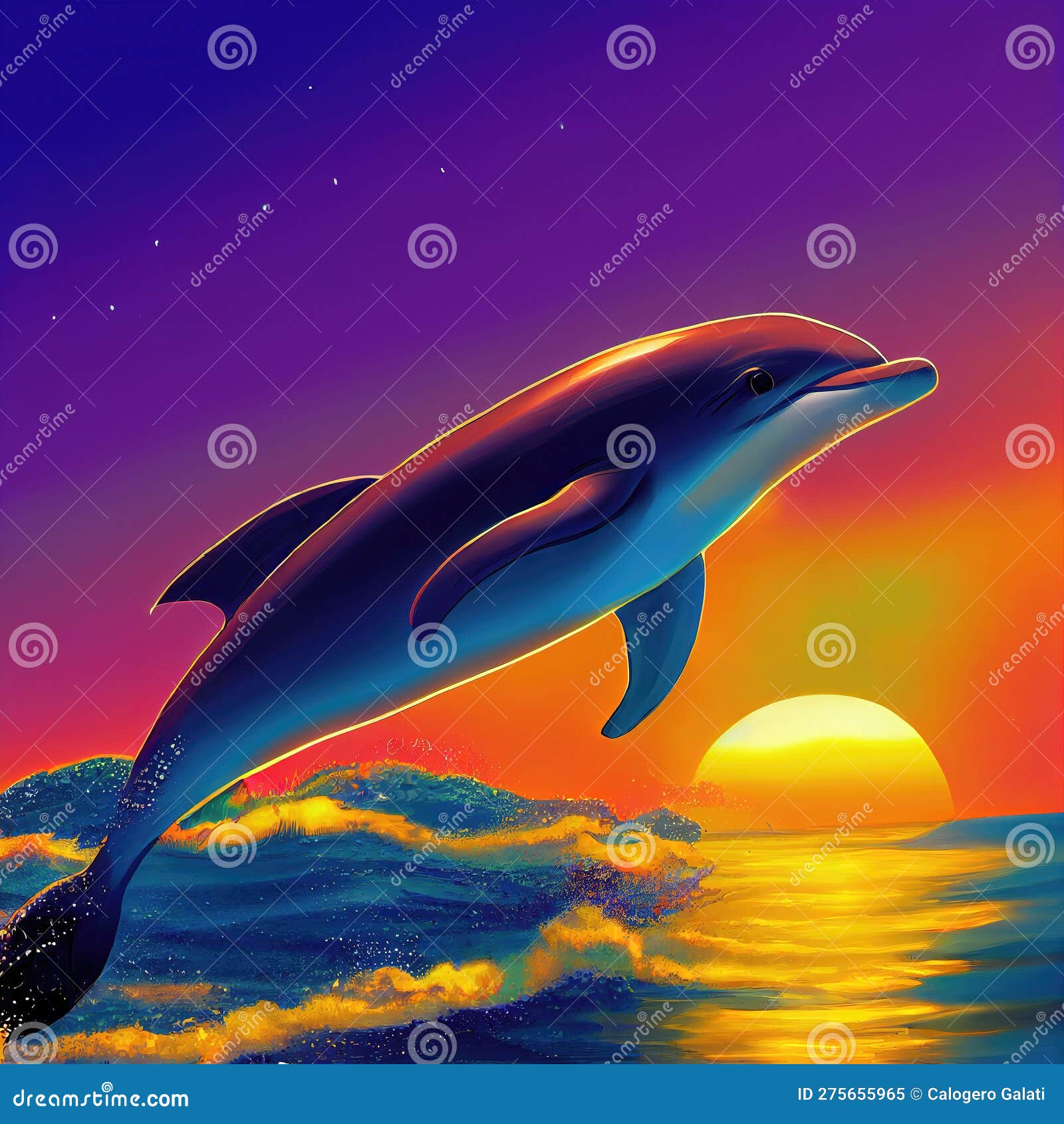 Evening Scene of a Dolphin Jumping Out of the Water, Different Colors ...