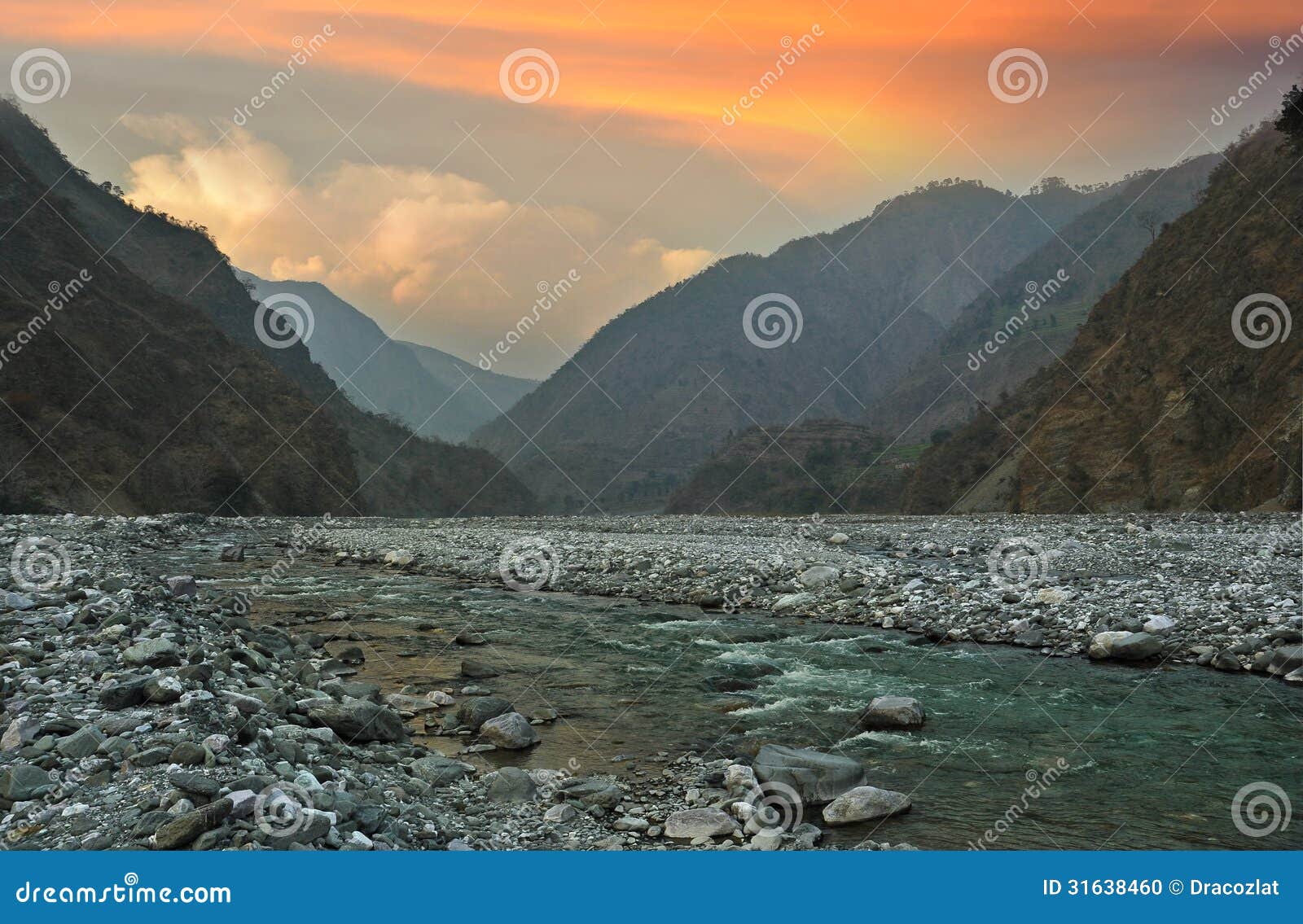 Evening Sky and Mountain River in the Himalayas Stock Photo - Image of ...