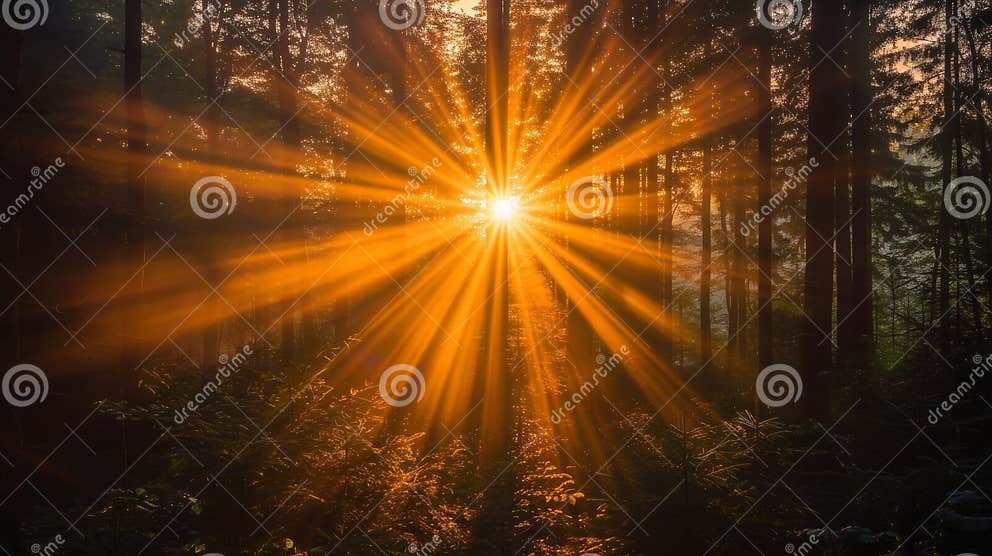 Evening Sunburn Pattern in Forest. Sun Shining through Forest Trees ...