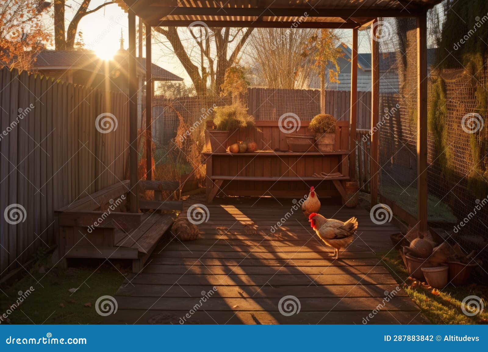 Evening Sunlight Casting Shadows on a Wooden Chicken Run Stock ...