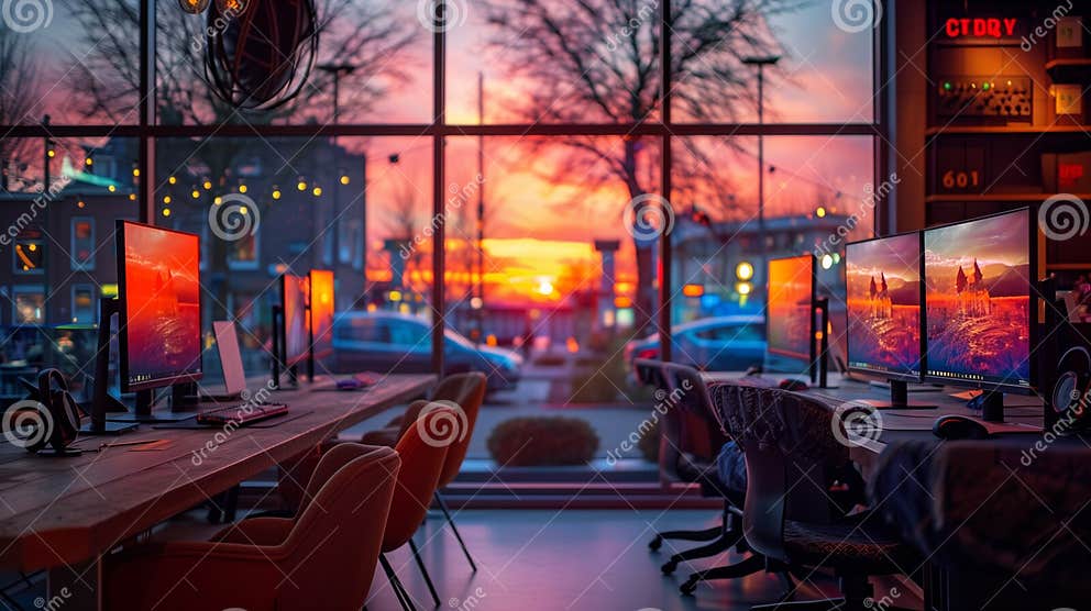 Evening Sunset View from Modern Computer Gaming Area Stock Photo ...
