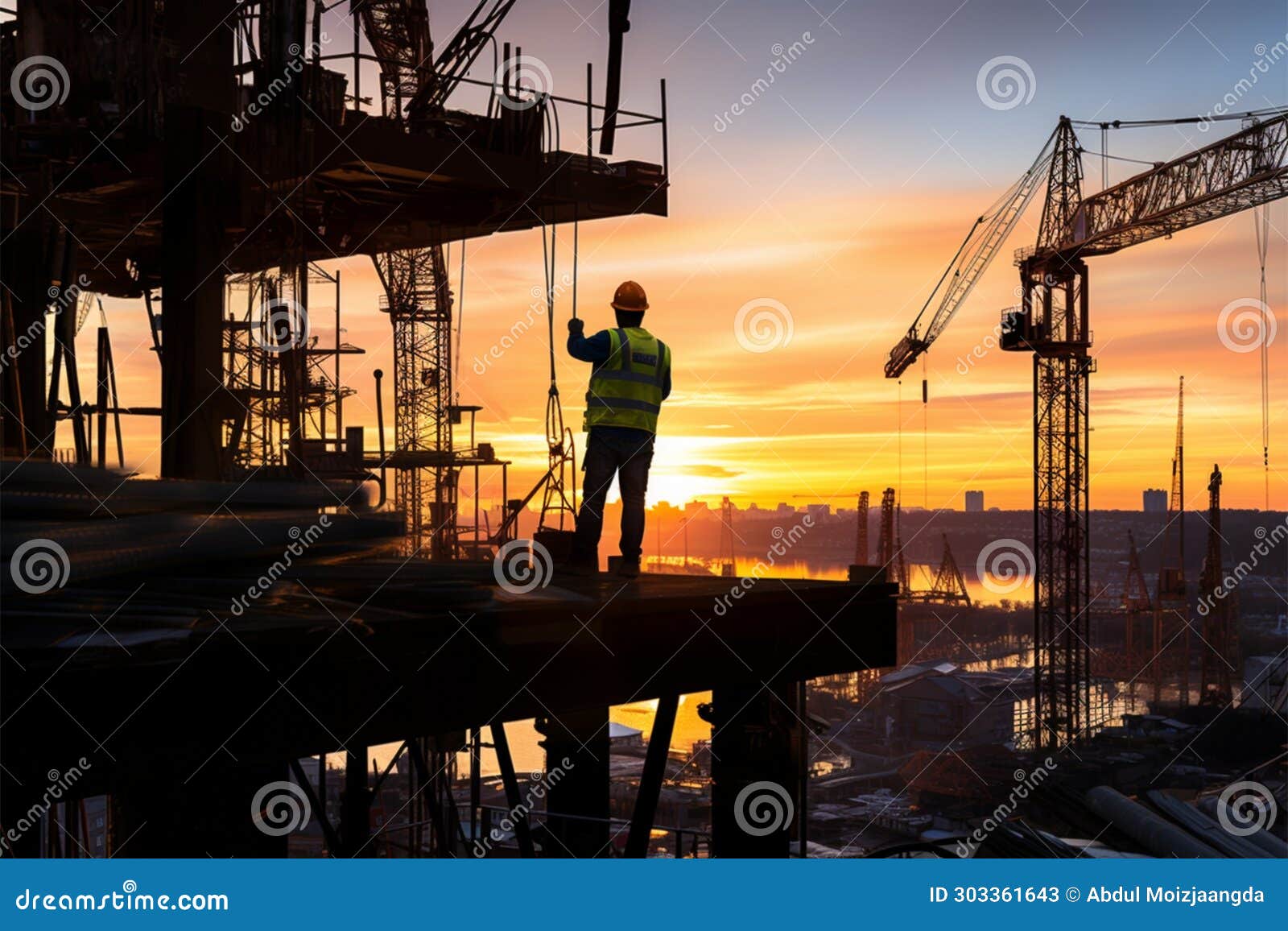 Evening Teamwork Engineer and Worker Silhouette Inspecting Construction ...