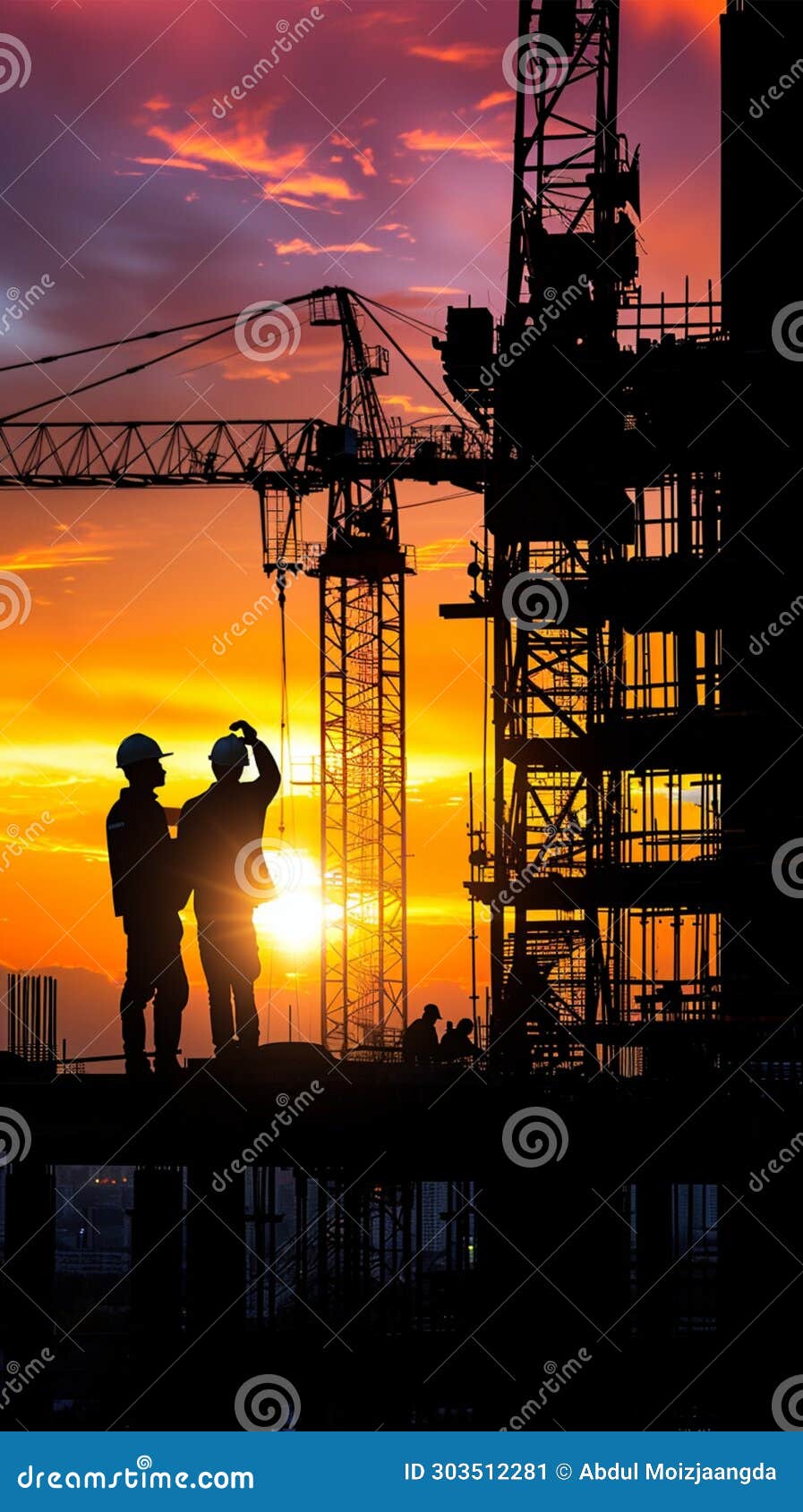 Evening Teamwork Engineer and Worker Silhouette Inspecting Construction ...