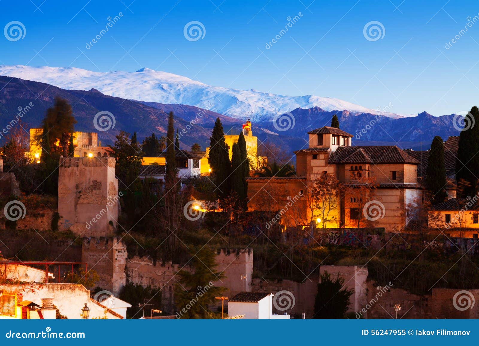 Evening View of Alhambra with Sierra Nevada Stock Image - Image of ...