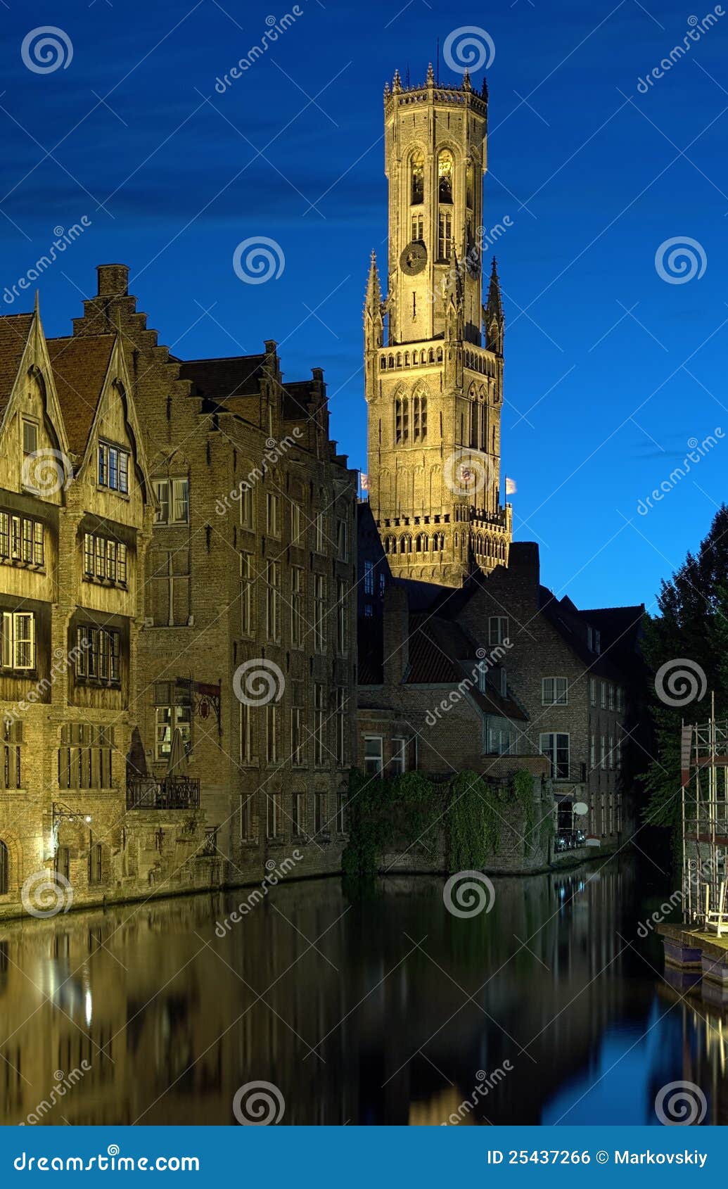 Evening View of Belfort Tower in Bruges, Belgium Stock Photo - Image of ...