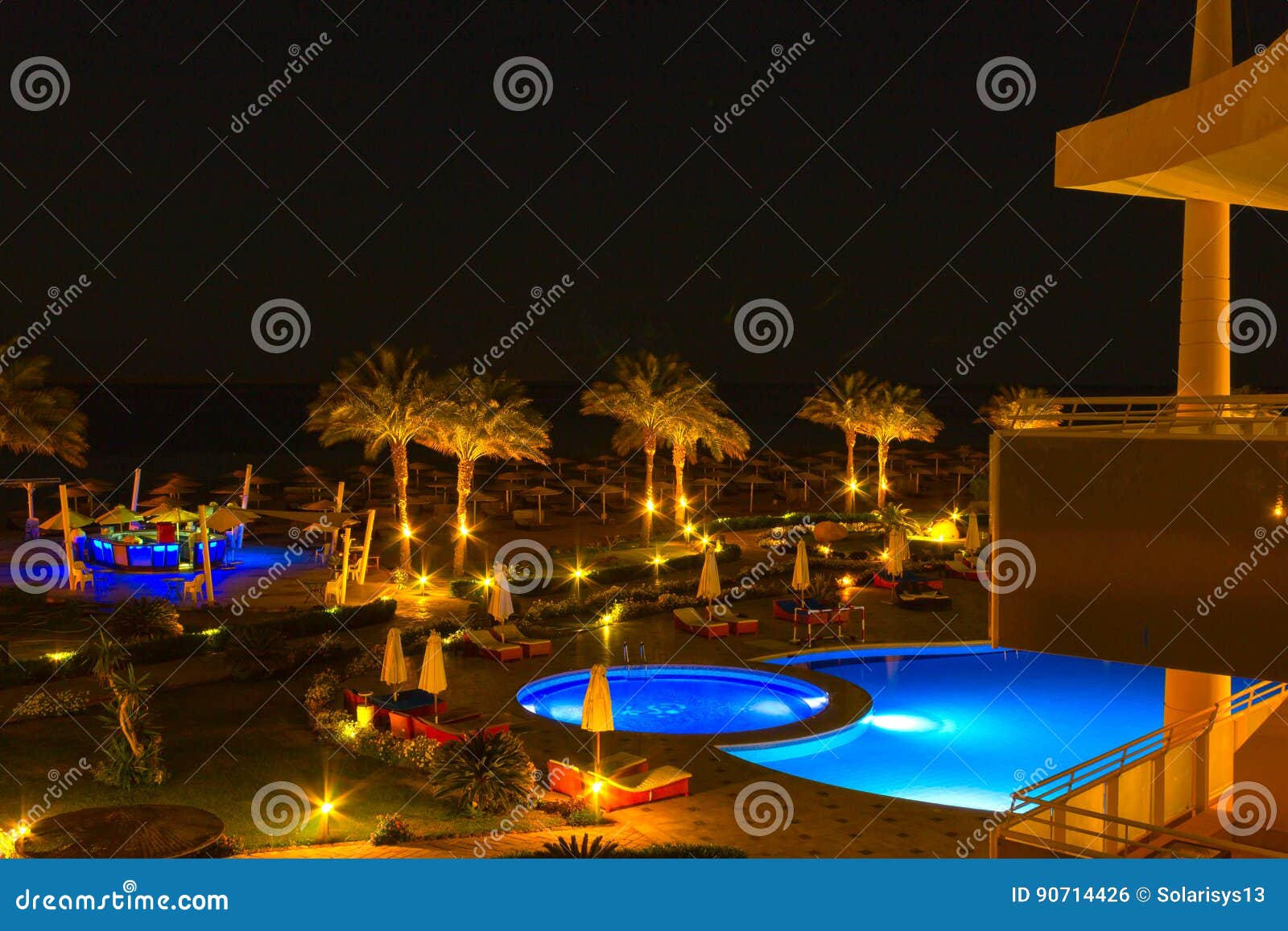 Evening View for Luxury Swimming Pool at Night Stock Photo - Image of ...