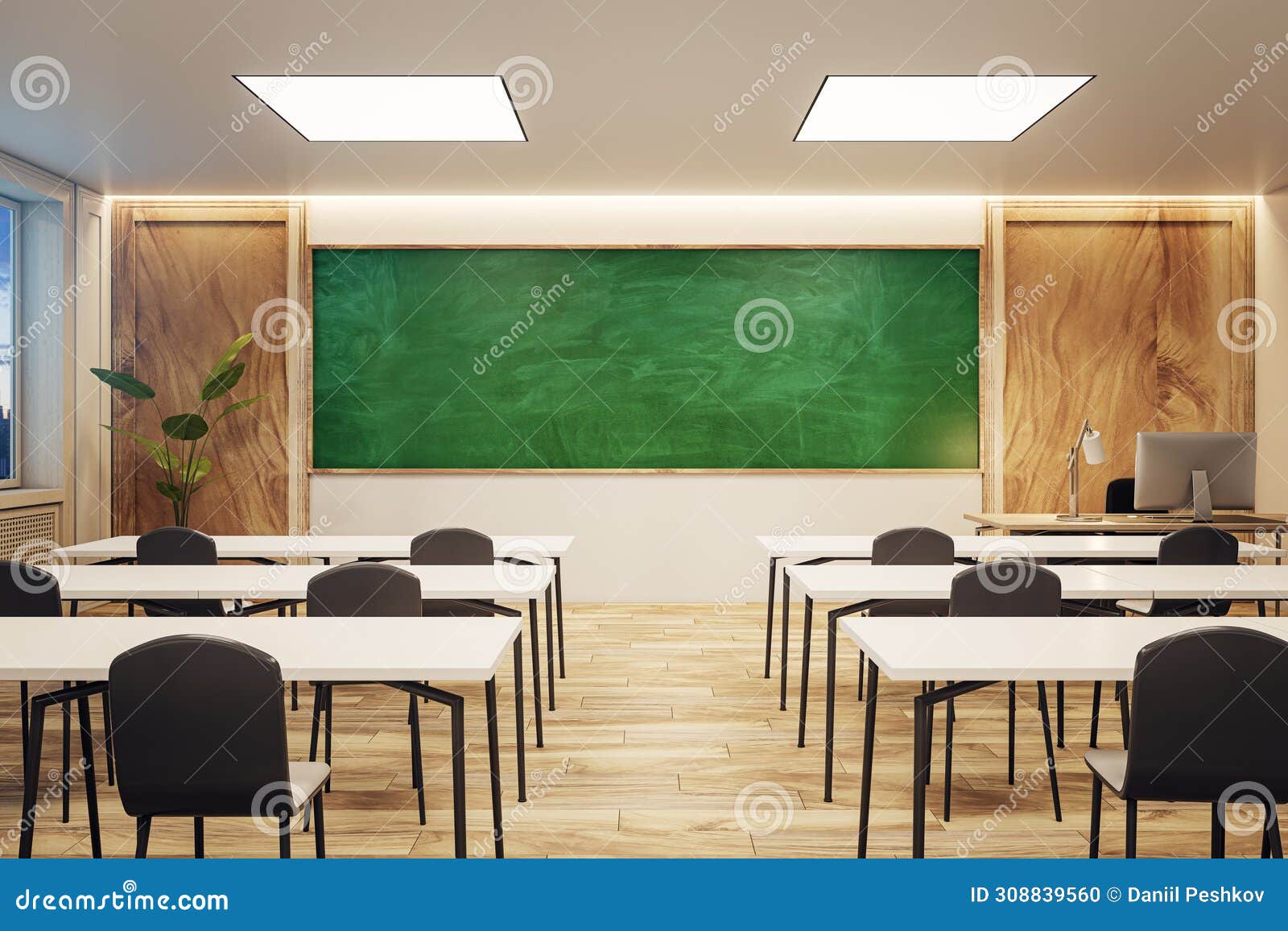 Evening View of a Classroom with Green Chalkboard and Warm Lighting ...