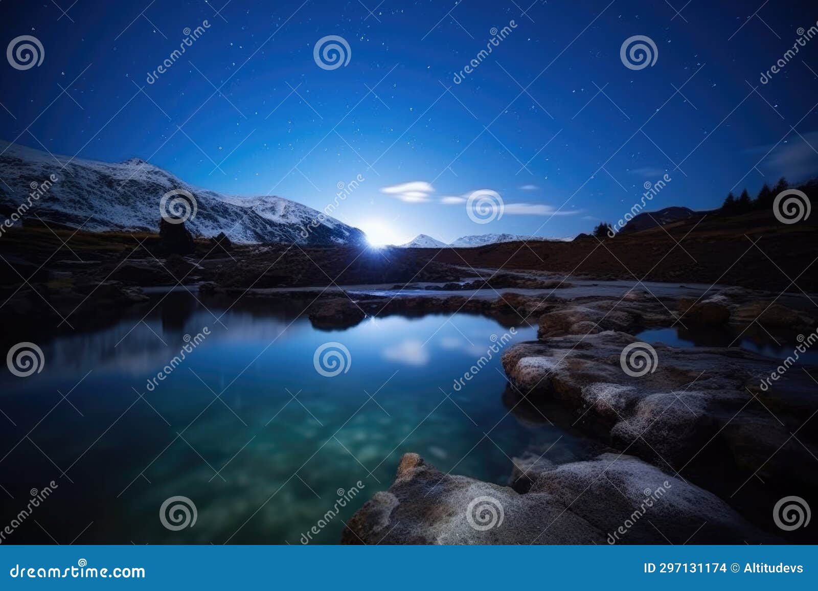 Evening View of a Mountain Hot Spring Under the Stars Stock Photo ...