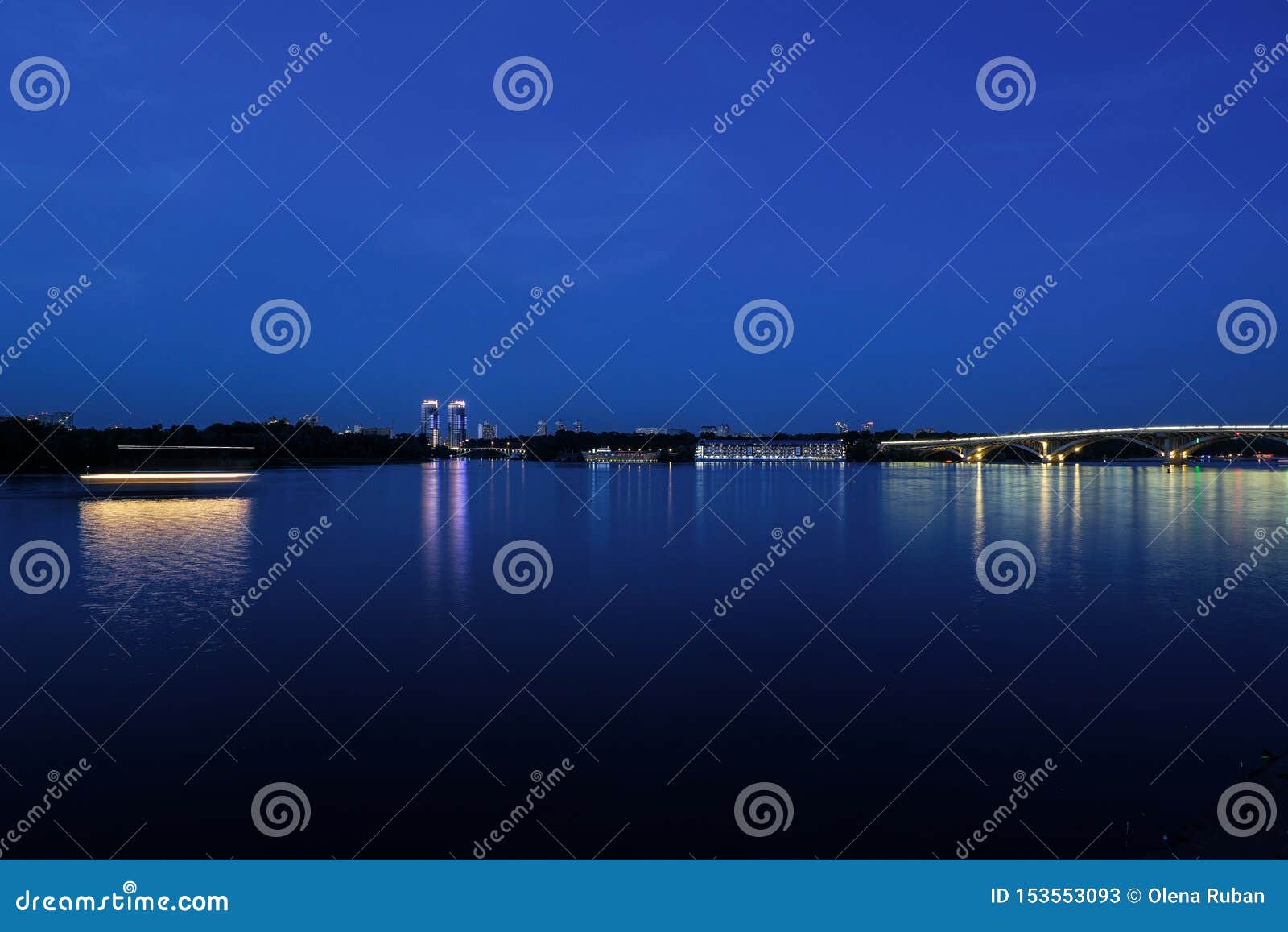 Evening View of River and Bridge with Lights Stock Image - Image of ...