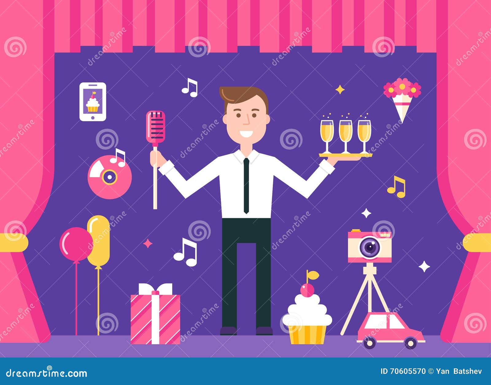 Event Manager on Stage Surrounded by Event and Party Objects. Event ...