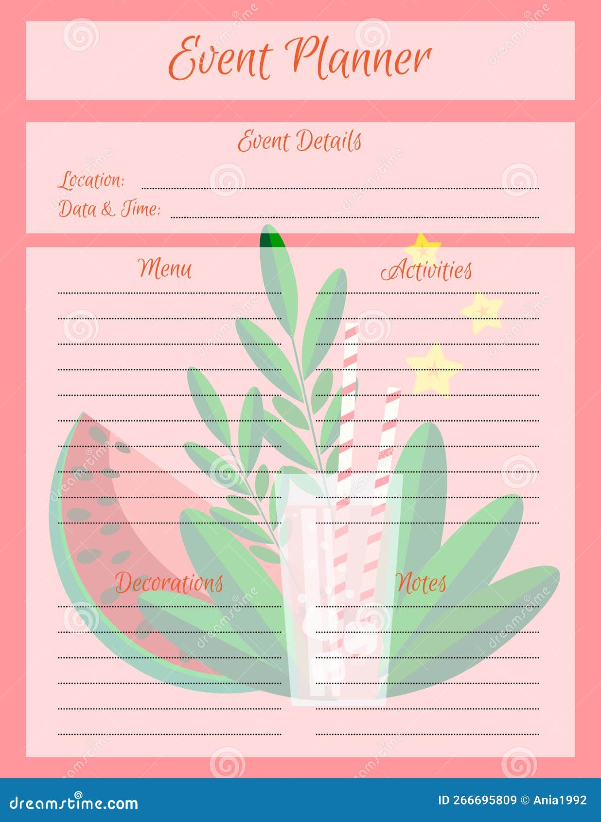 Event Planner Template. Bright Summer Design of a Notepad Page Stock ...