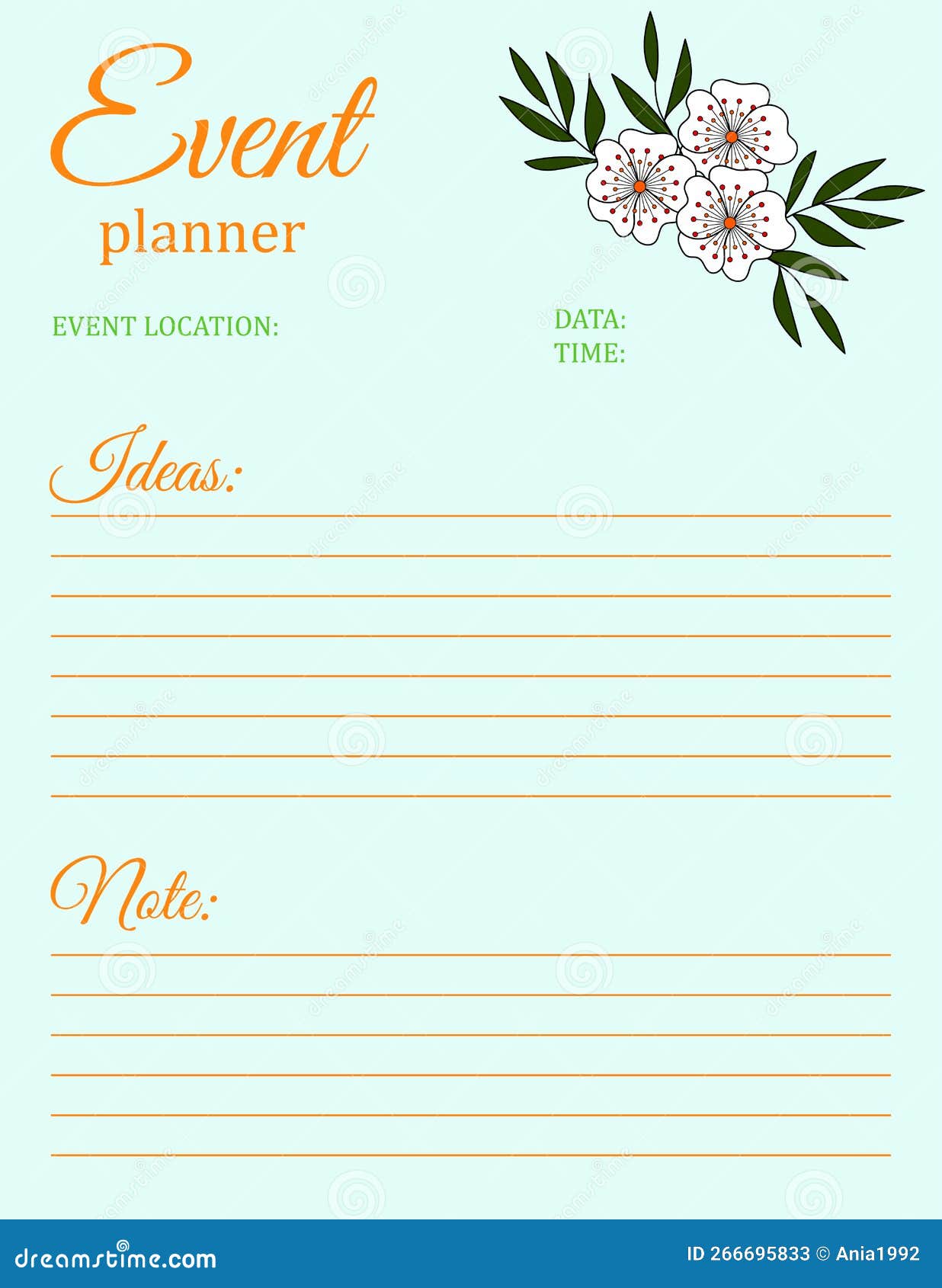 Event Planner Template. Notepad Page Design with Floral Motif Stock ...