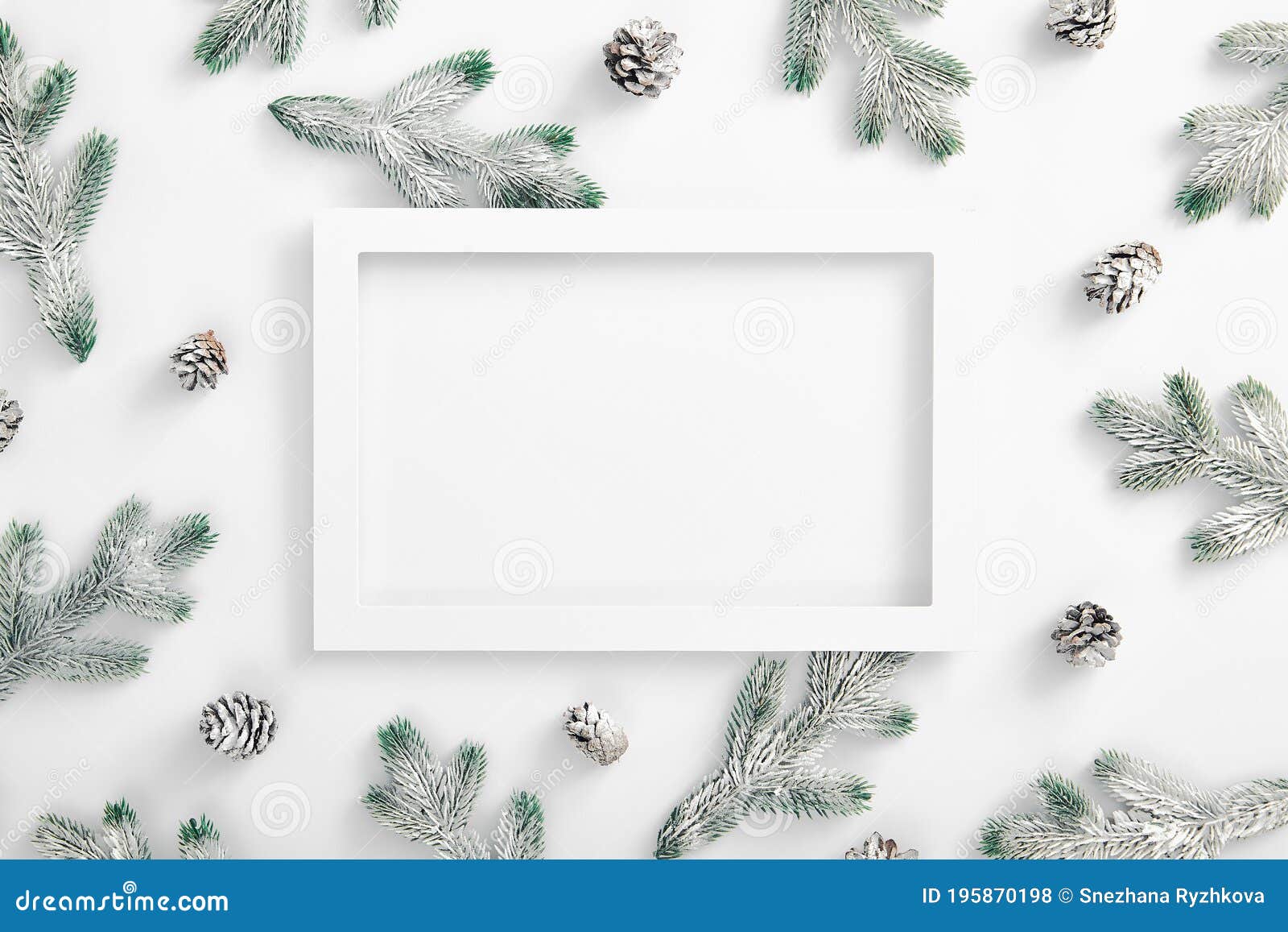 Evergreen Tree Branch with Snow and Pine Cones. Horizontal Composition ...