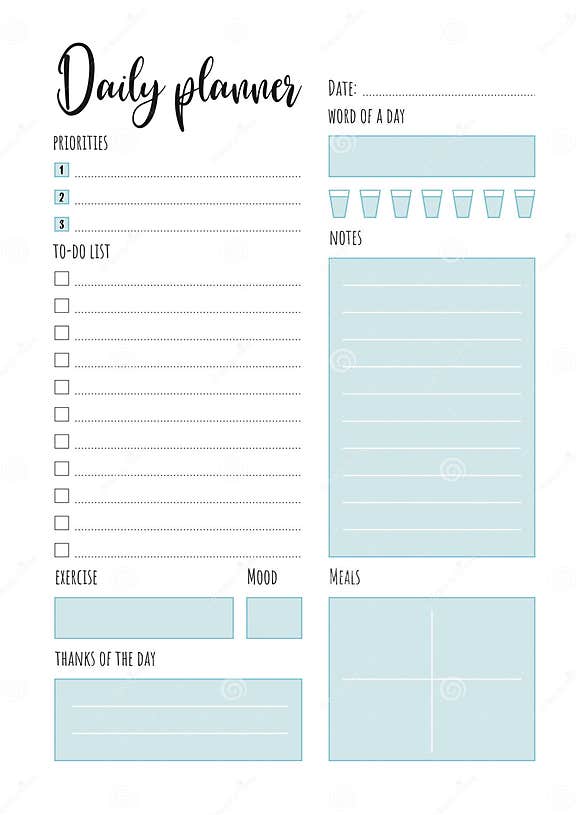 Daily Everyday Routine Planner Printable Blue A4 Stock Illustration ...